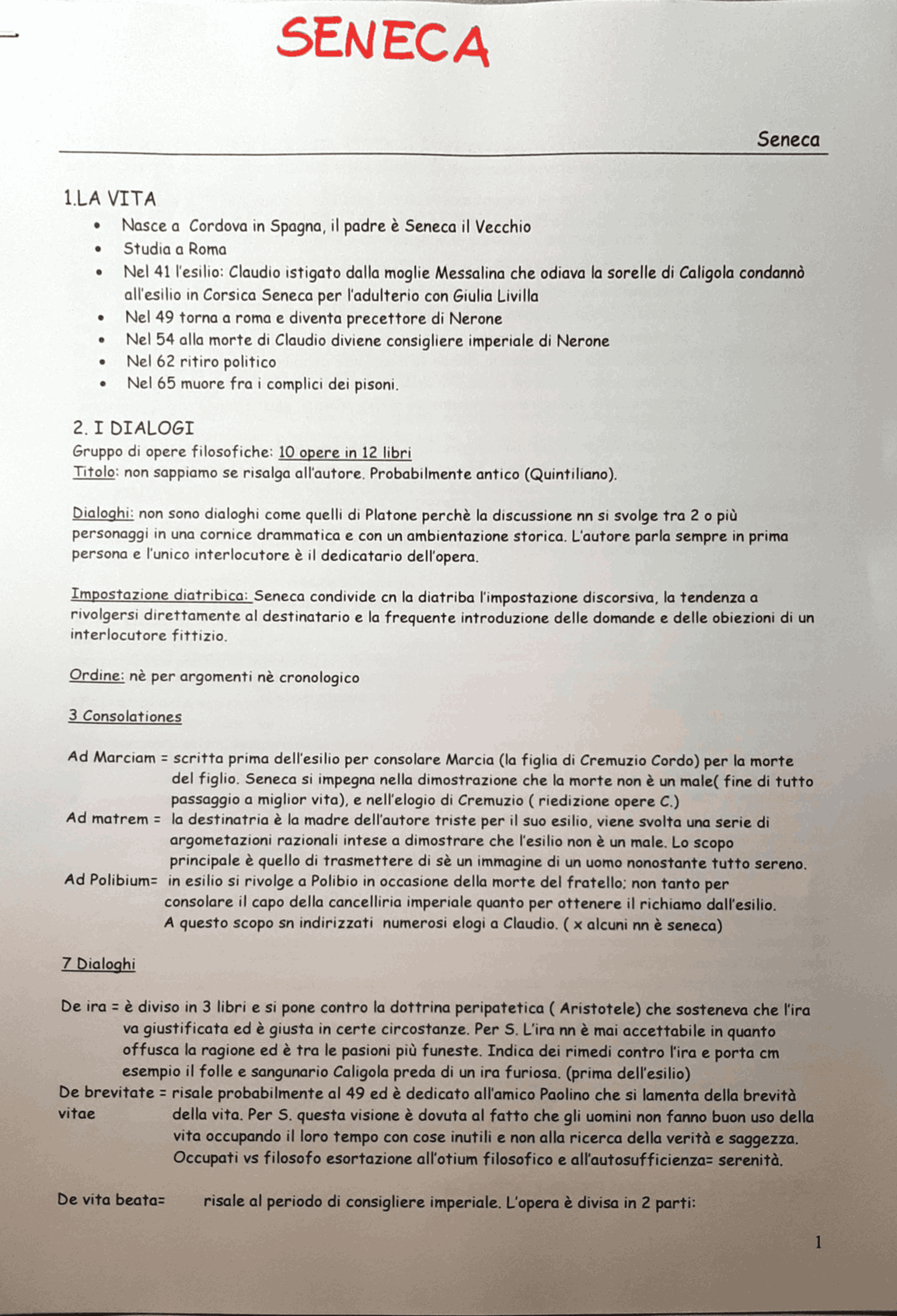 Riassunto Seneca Vita e opere | Schemi e mappe concettuali di Letteratura latina | Docsity