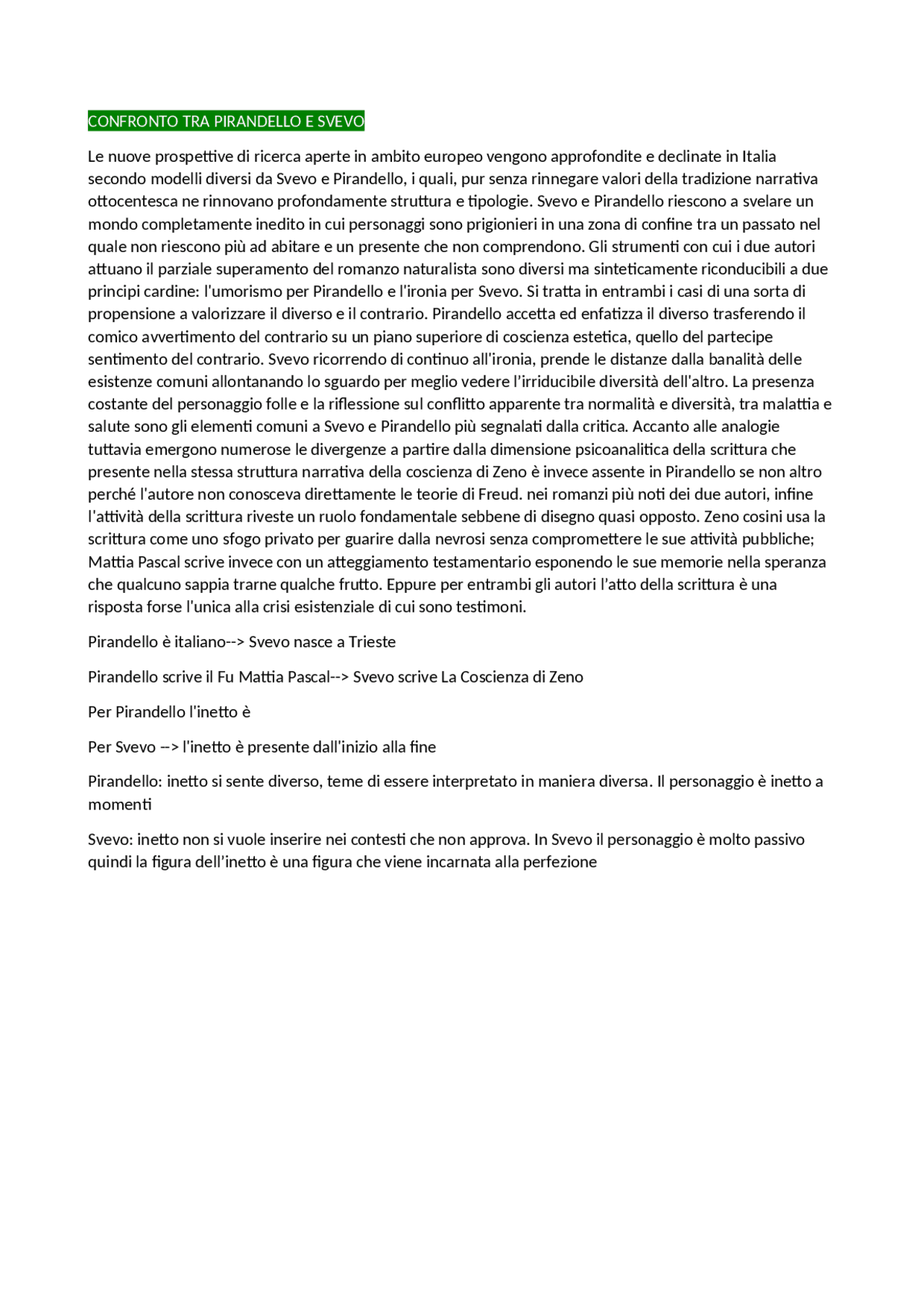 Appunti sul confronto tra Svevo e Pirandello | Dispense di Italiano | Docsity