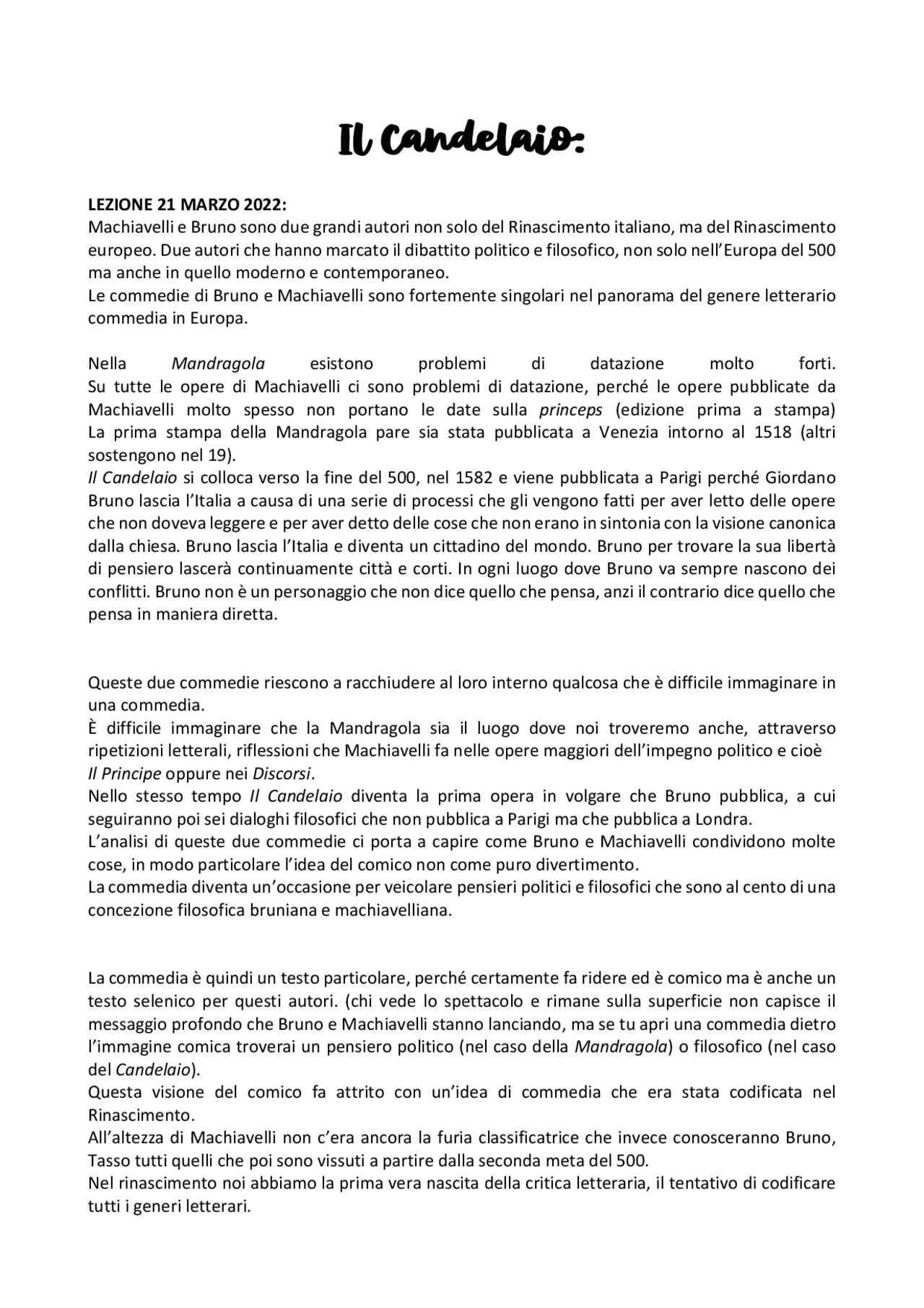 Il Candelaio (Appunti completi presi a lezione) Giordano Bruno ...