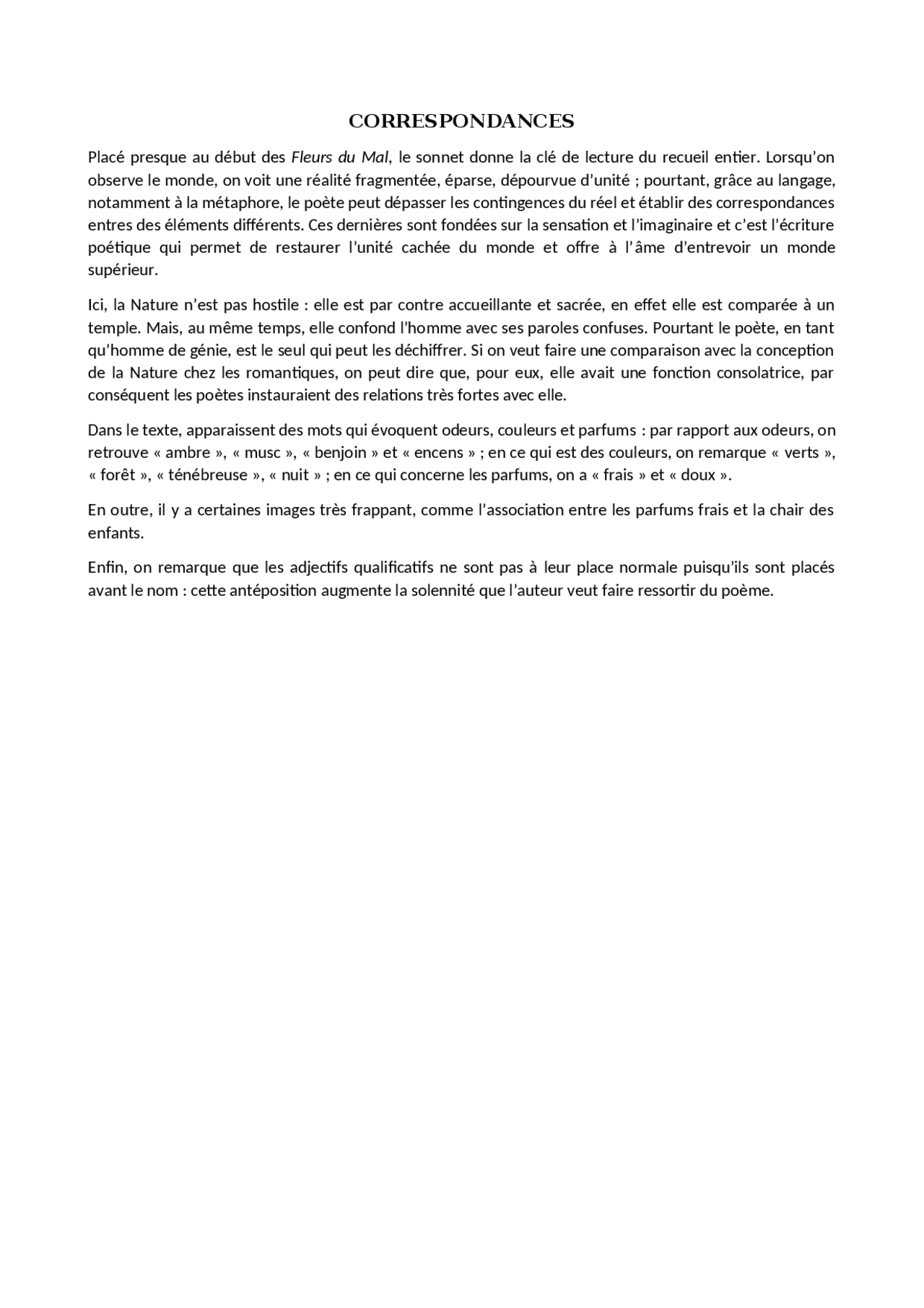 Baudelaire Correspondances Analyse Appunti Di Francese Docsity
