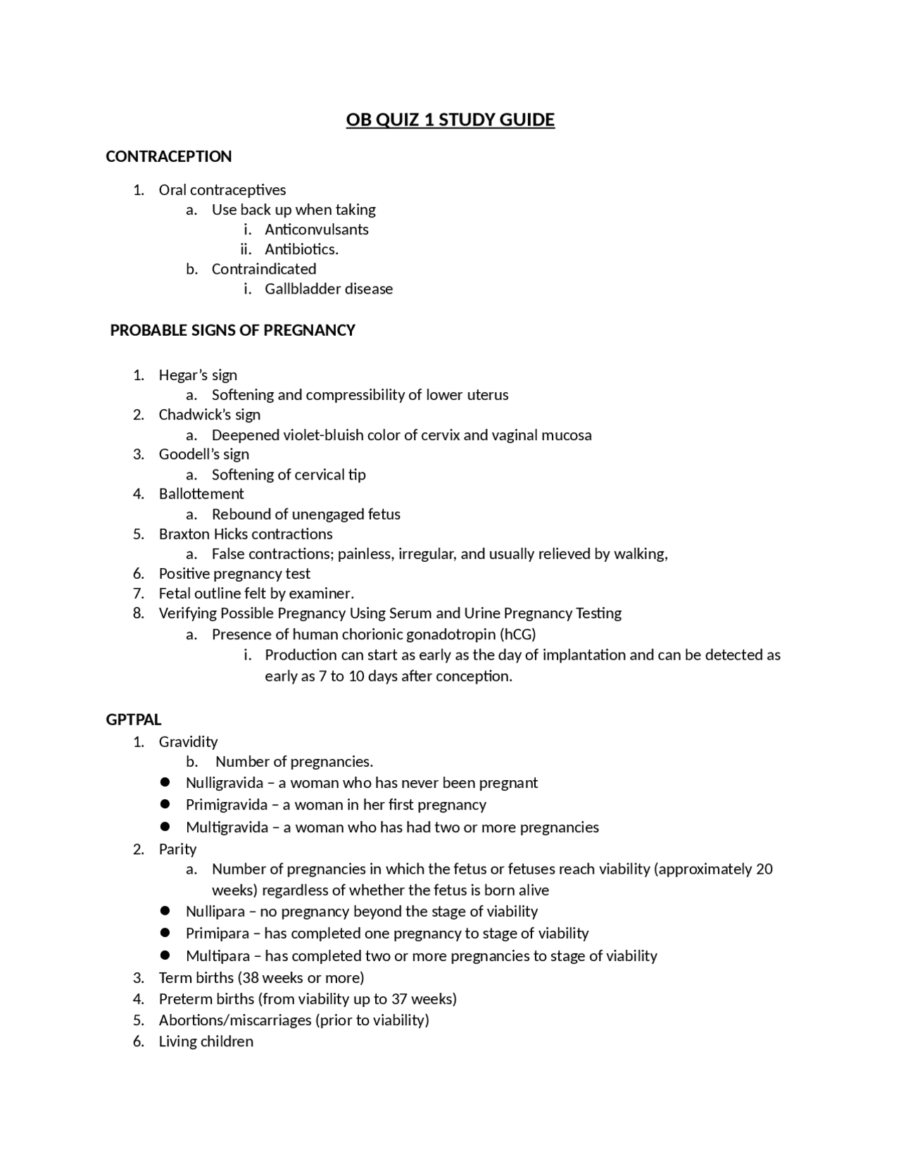 MATERNAL NEWBORN 275 OB QUIZ 1 STUDY GUIDE | Exams Health sciences | Docsity