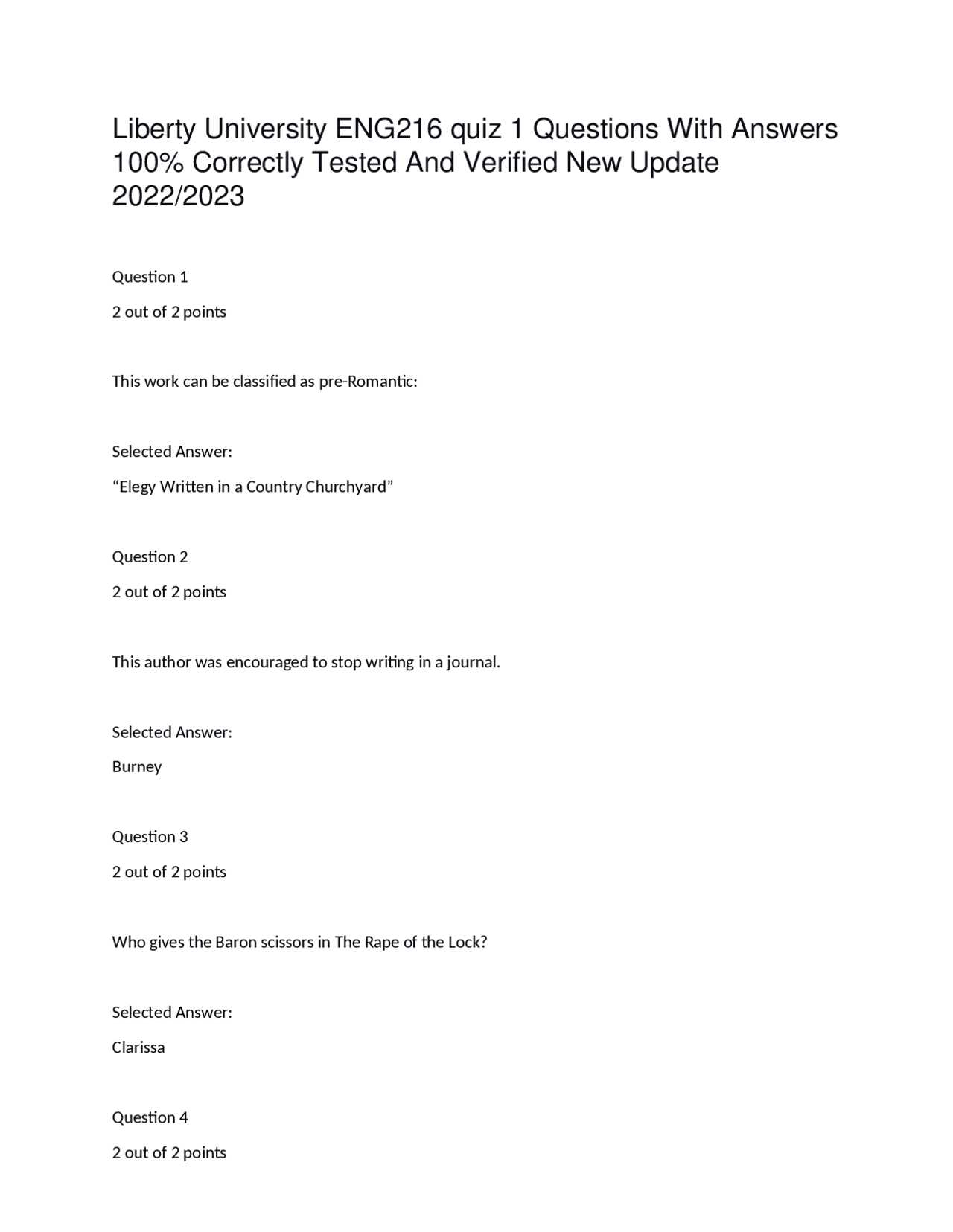 Liberty University Eng216 Quiz 1 Questions With Answers 100 Correctly Tested And Verified