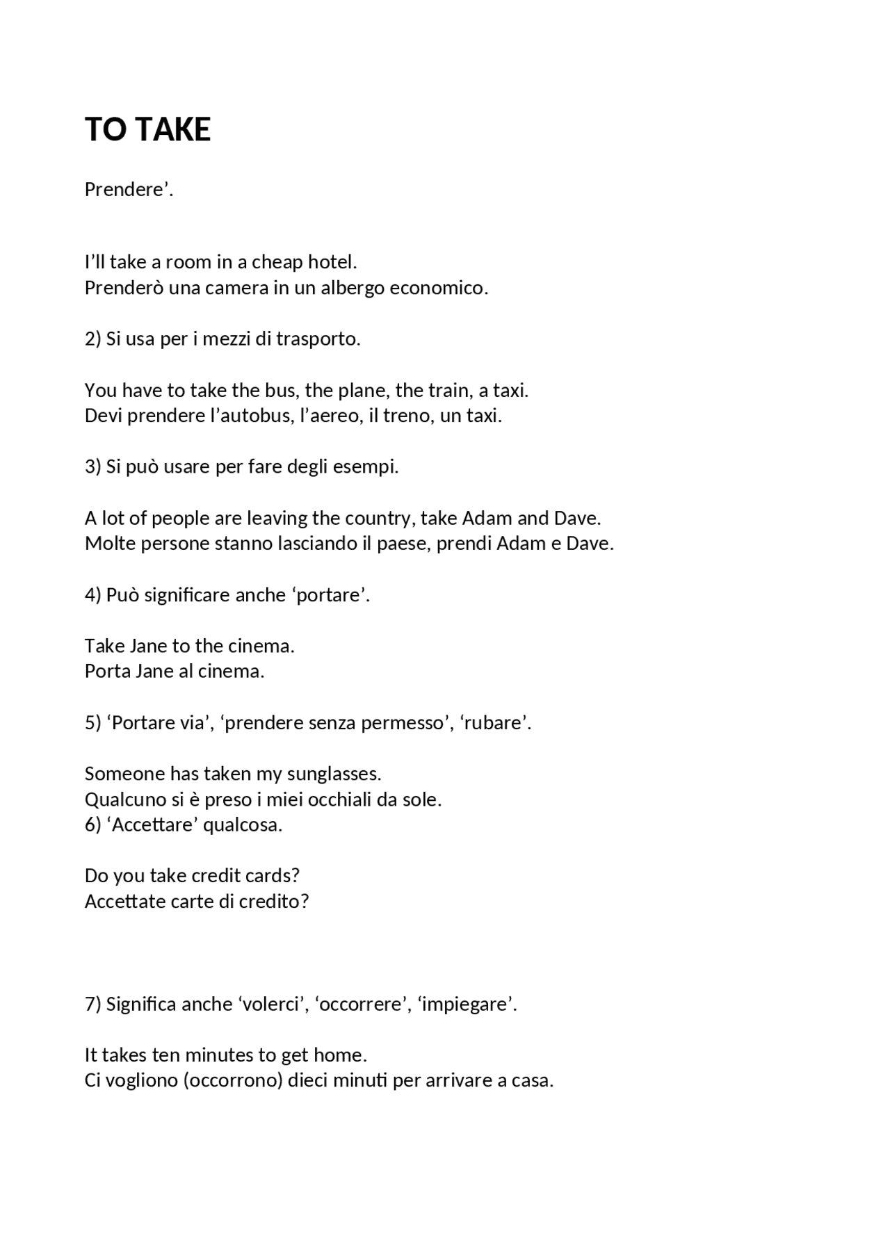 Uso del verbo To take | Schemi e mappe concettuali di Lingua Inglese ...