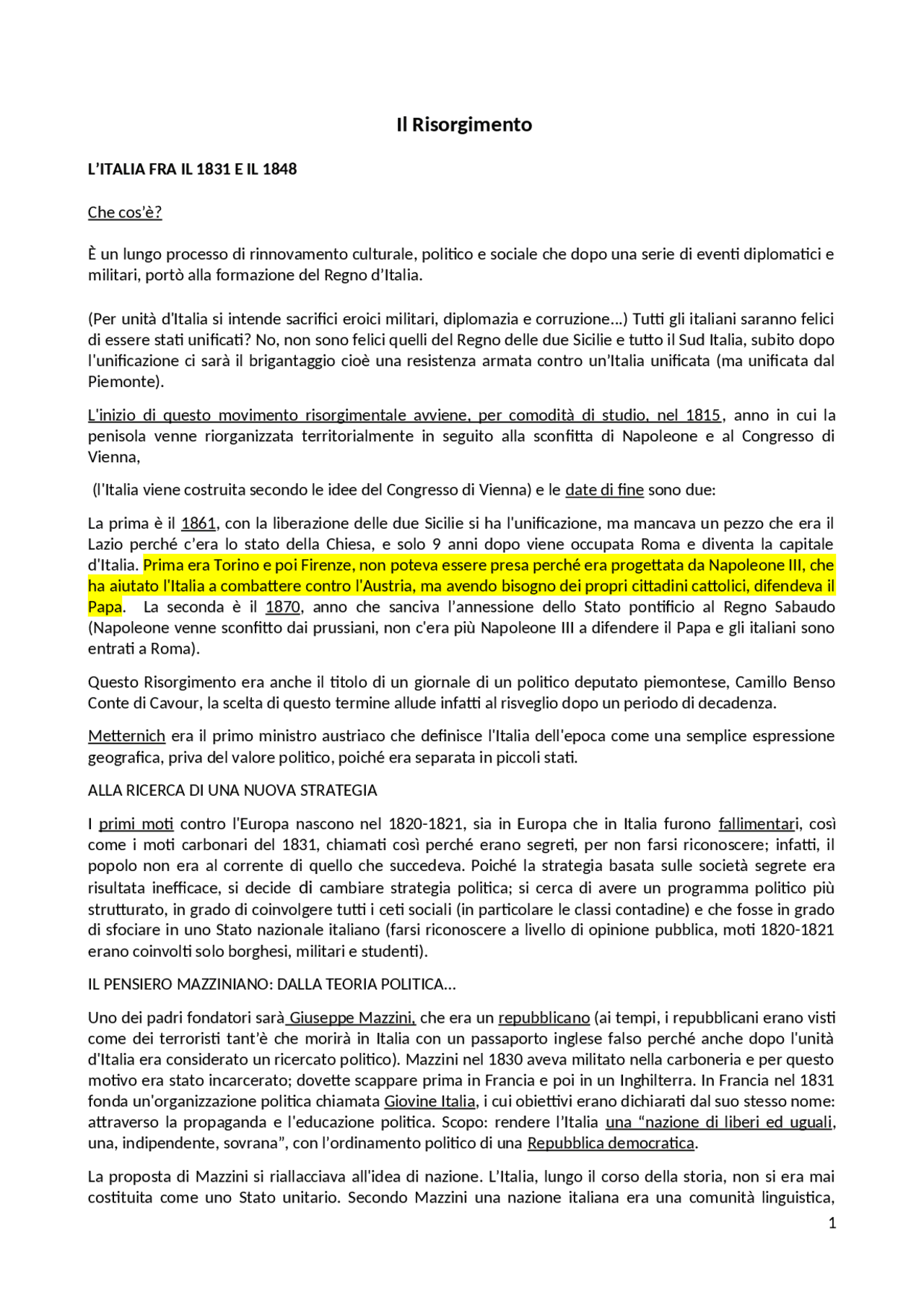 IL RISORGIMENTO ITALIANO | Appunti di Storia | Docsity