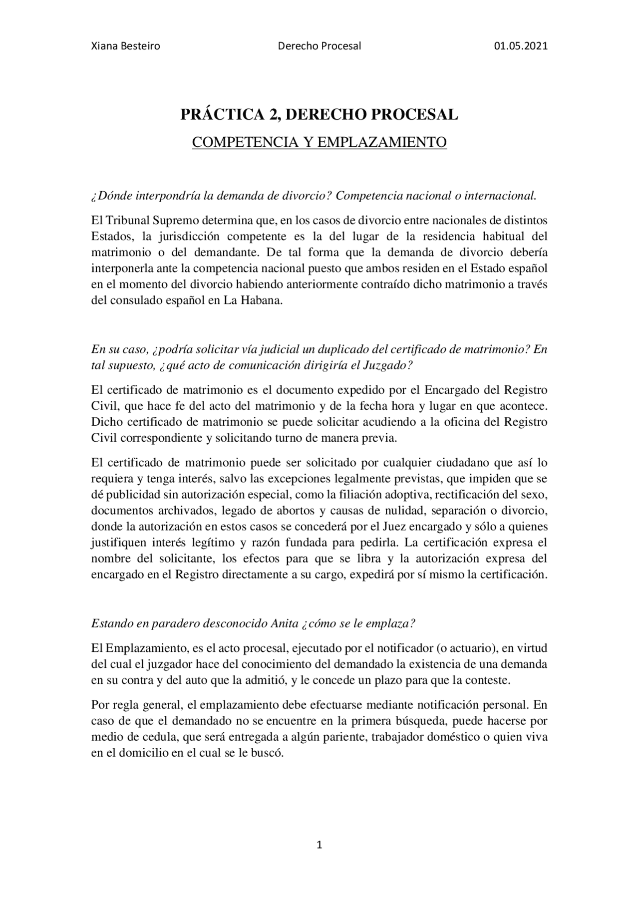 Practica Derecho Procesal Ejercicios De Derecho Procesal Docsity
