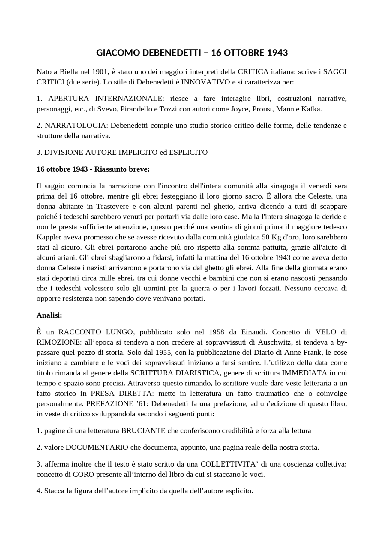 Riassunto libro - 16 ottobre 1943 - Giacomo Debenedetti | Schemi e ...