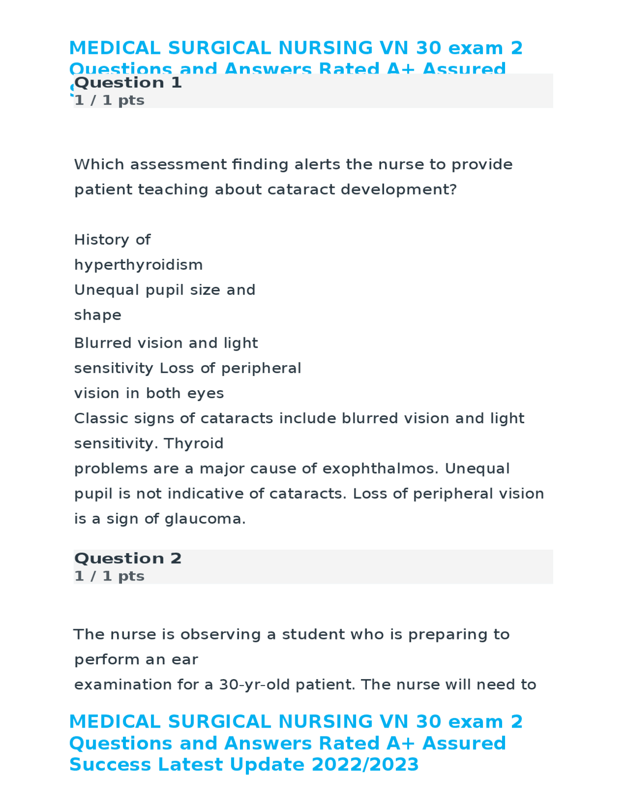 MEDICAL SURGICAL NURSING VN 30 exam 2 Questions and Answers Rated A+ ...