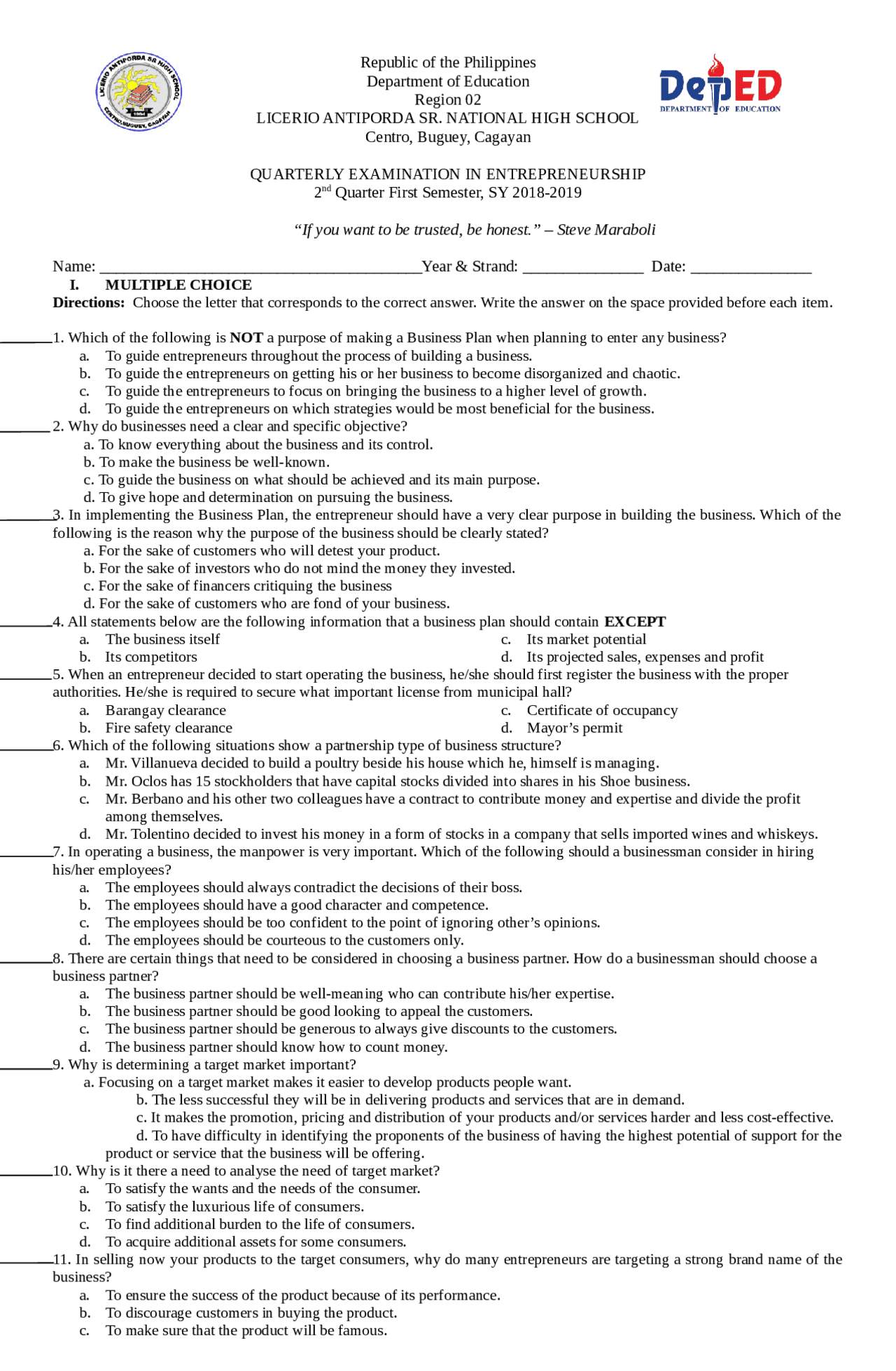 Second Quarter Exam in Entrep | Exams Business | Docsity