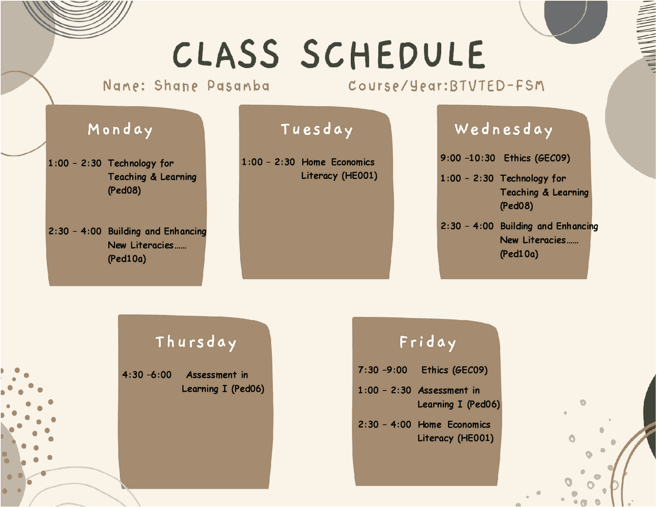 Class Schedule For First Semester Cheat Sheet Pedagogy Docsity