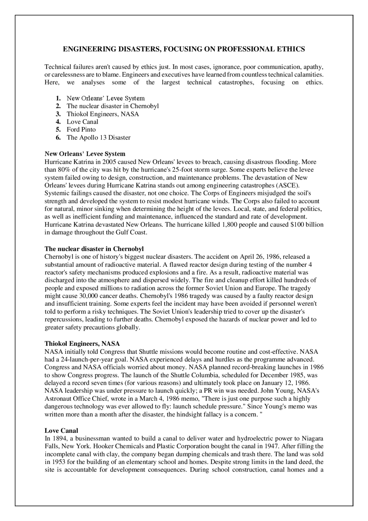 Engineering Disasters, Focusing on Professional Ethics | Assignments ...