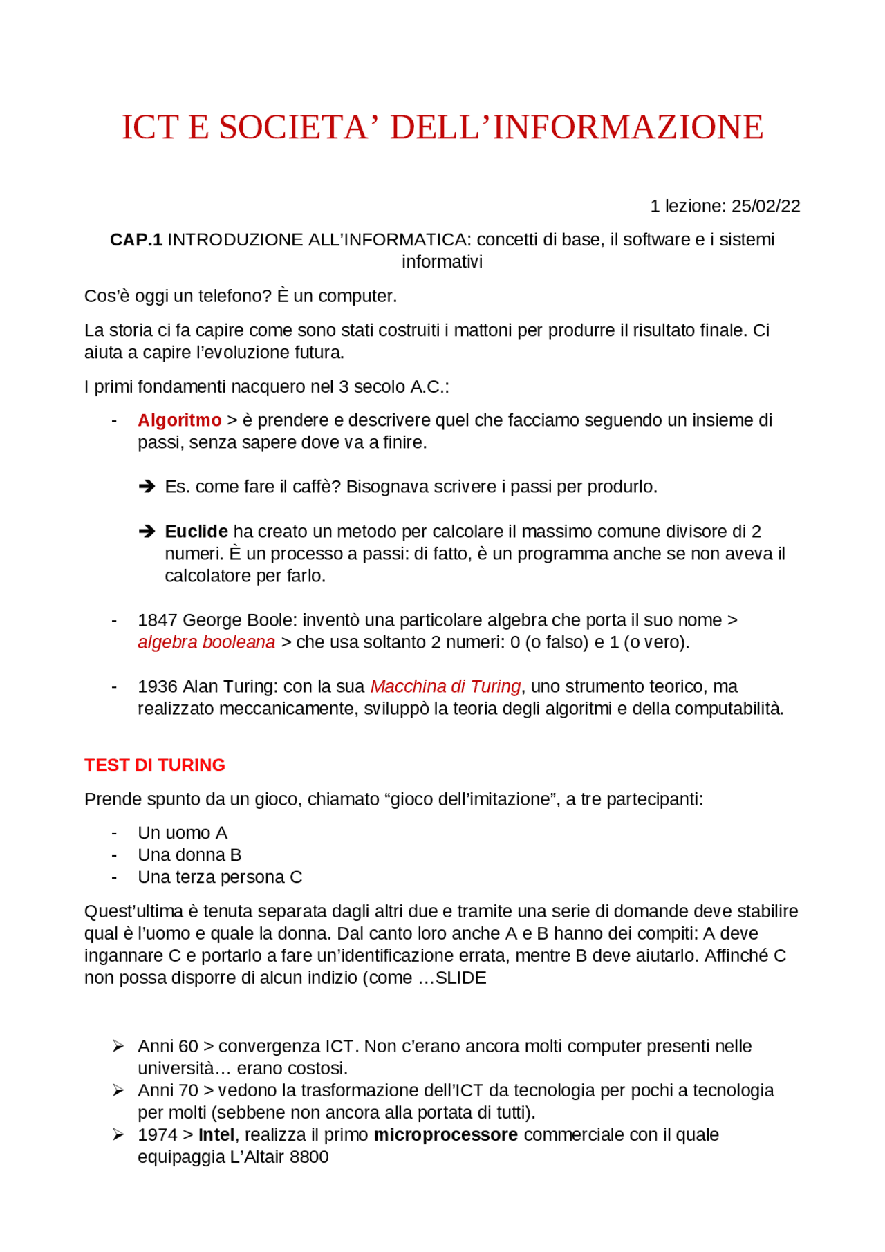 ICT DELL'INFORMAZIONE | Appunti di Elementi di Informatica | Docsity