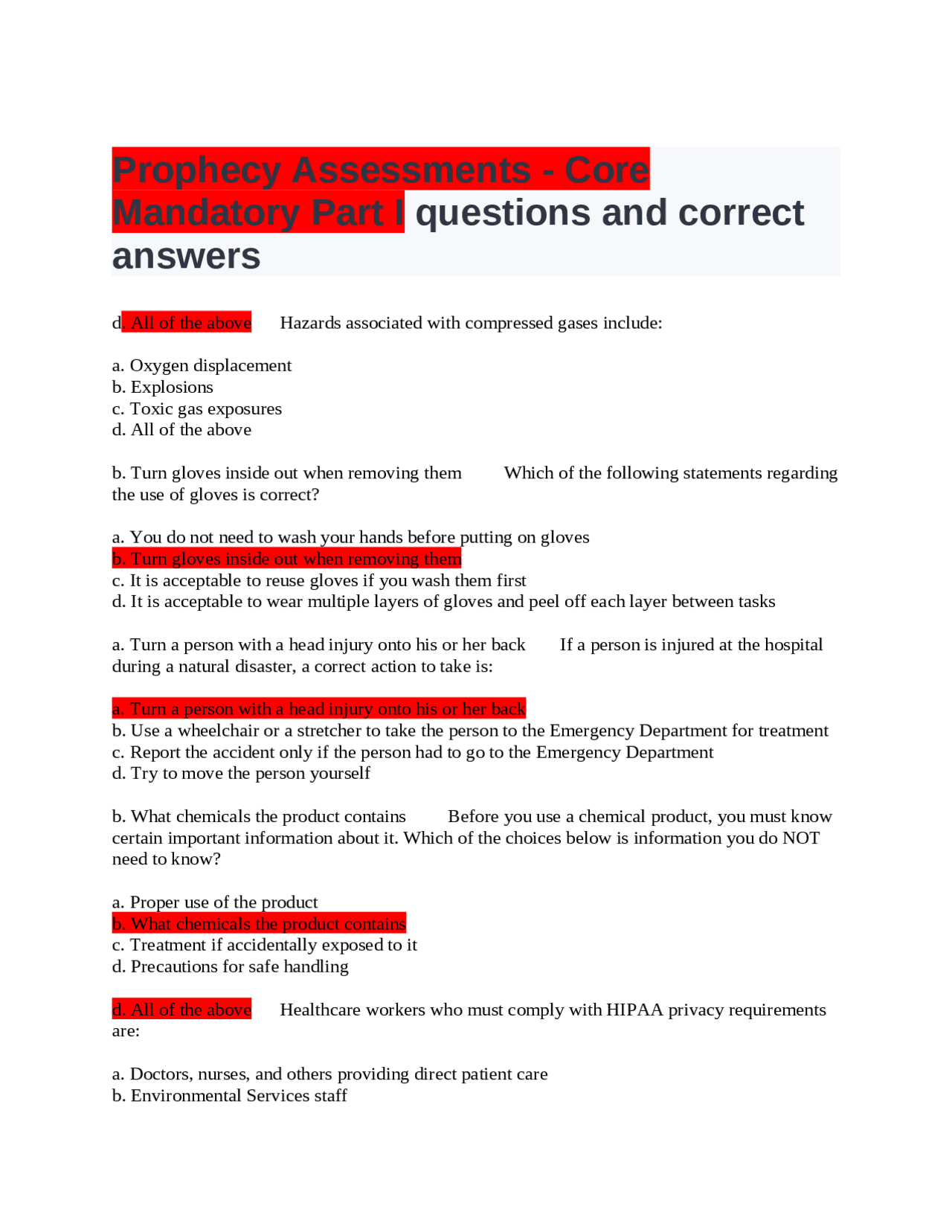 Prophecy Assessments Core Mandatory Part I With Answers Exams