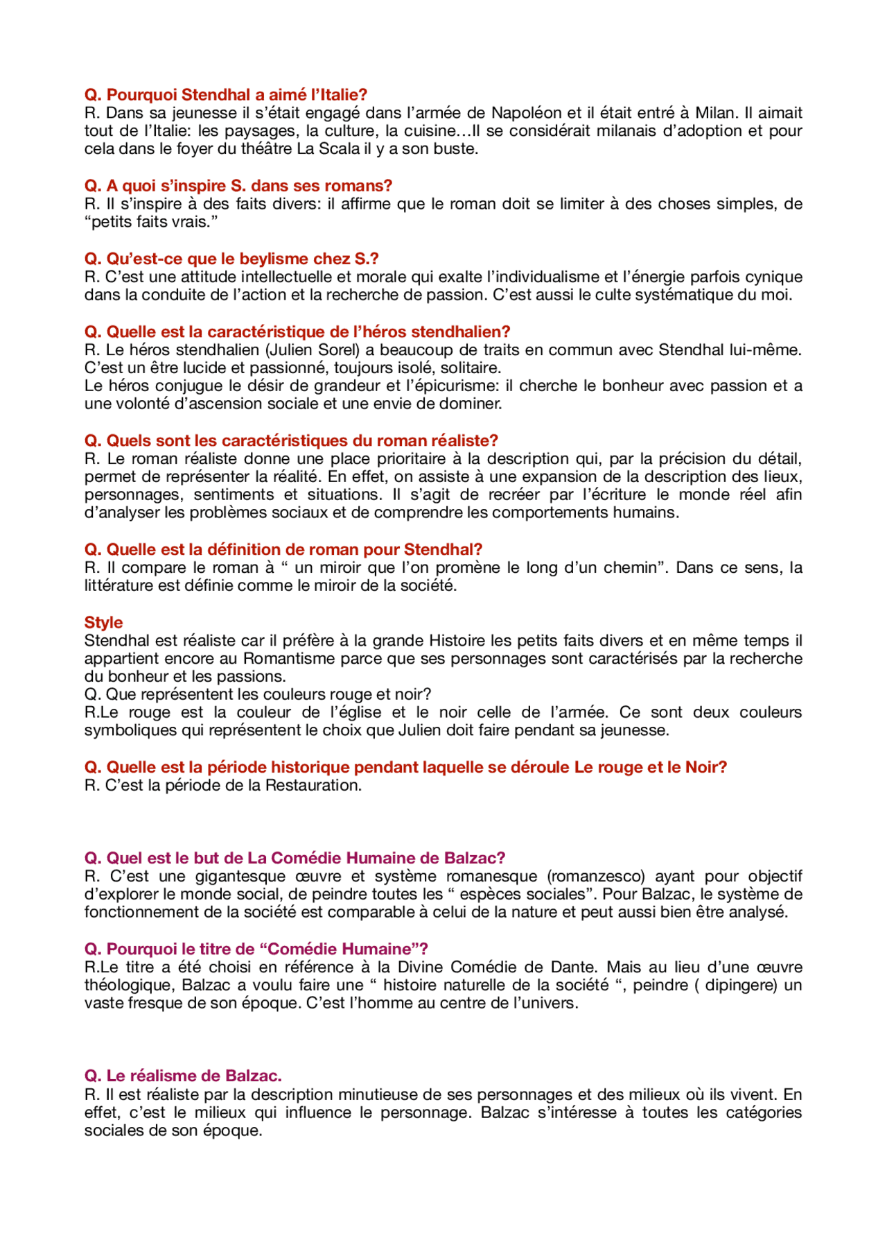 Domande Stendhal Flaubert E Balzac Con Risposte Schemi E Mappe
