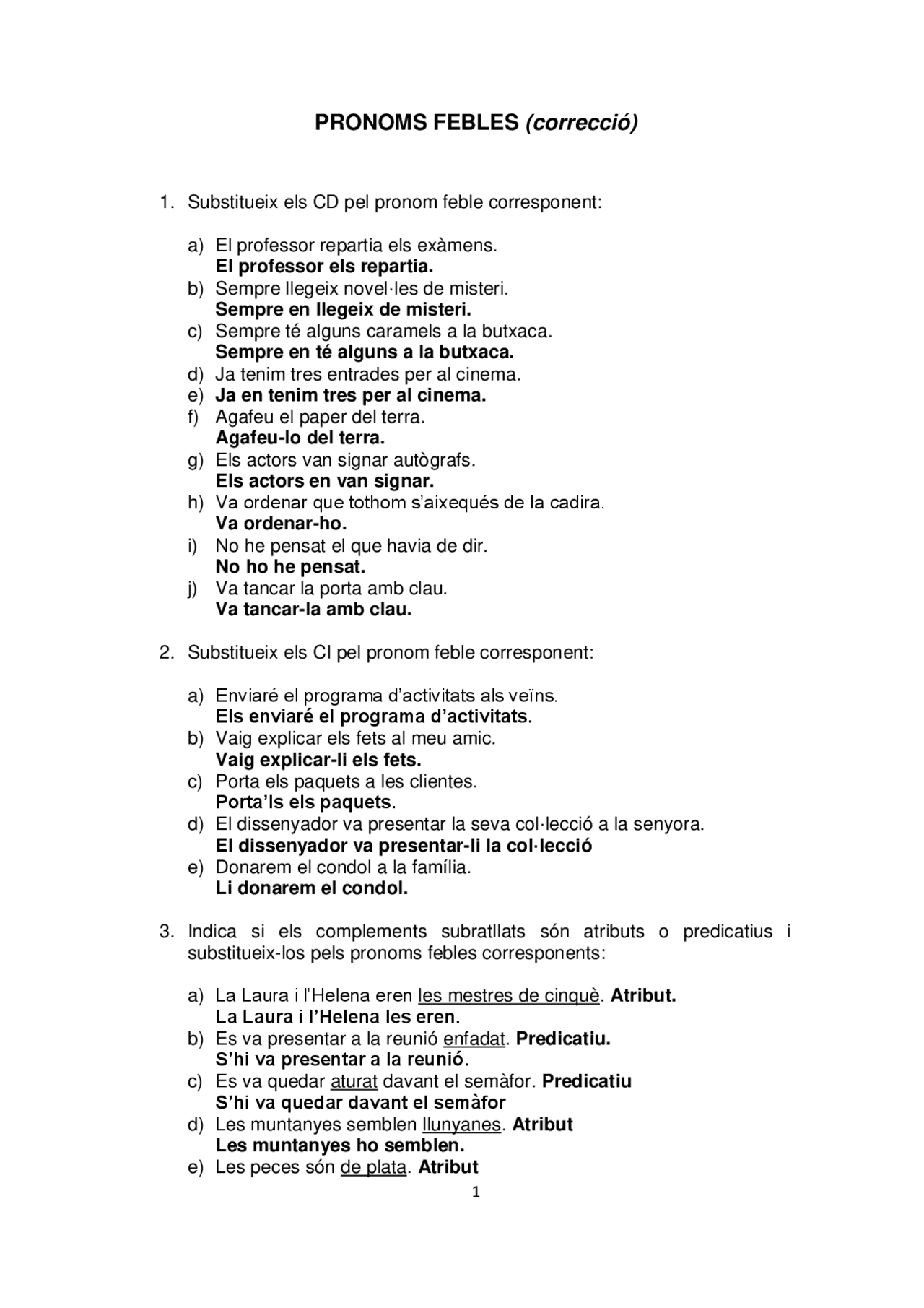 Ejercicios Pronombres En Catalán Ejercicios De Catalán Docsity