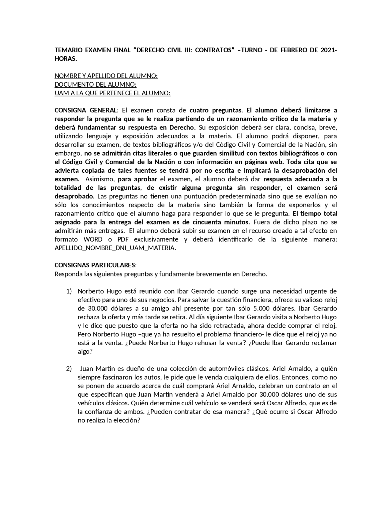 Examen Final De Contratos En General Exámenes De Derecho Contractual