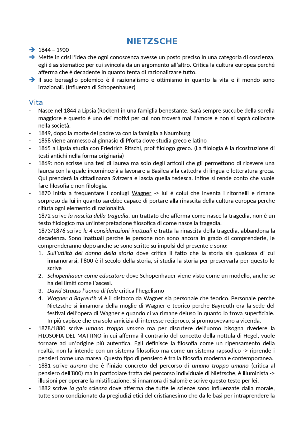 Vita E Pensiero Nietzsche Appunti Di Filosofia Docsity