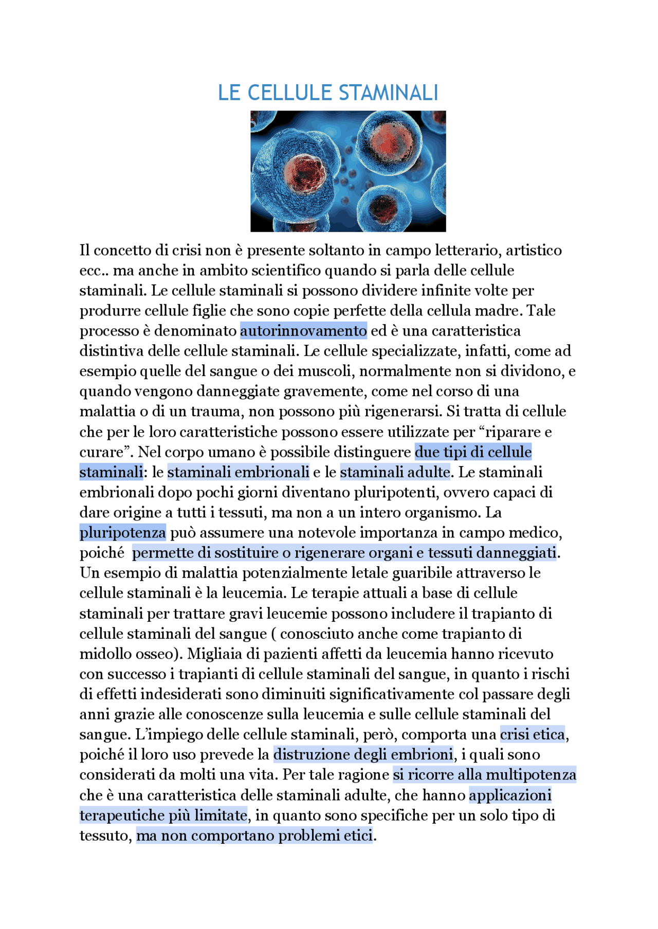 Le Cellule Staminali Appunti Di Biologia Docsity