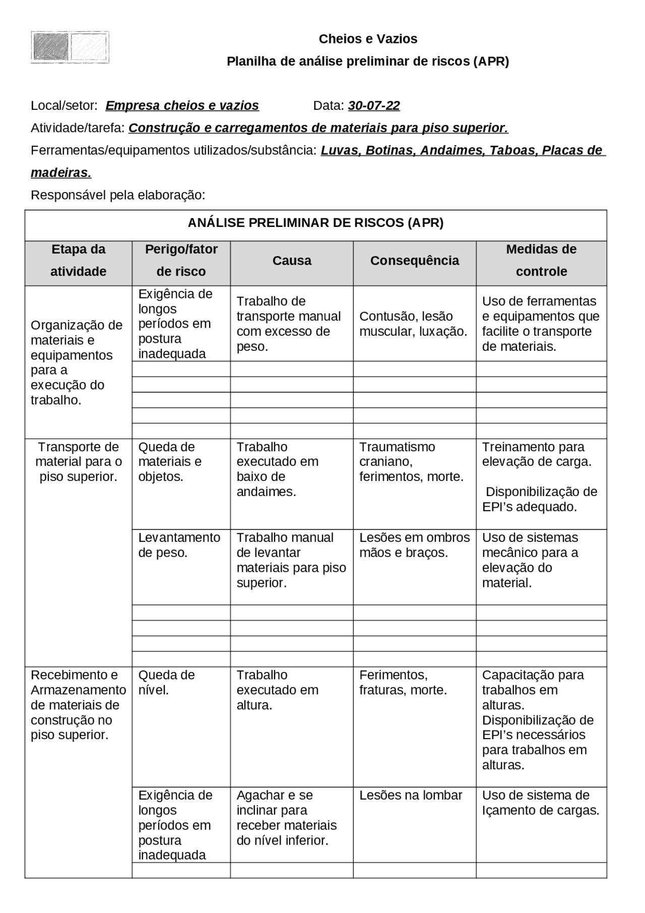 Analise Preliminar De Riscos Exercícios Técnicas Analíticas Docsity
