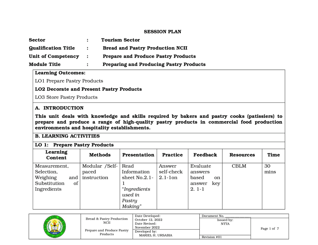 SESSION PLAN I BREAD AND PASTRY NC II | Schemes and Mind Maps ...