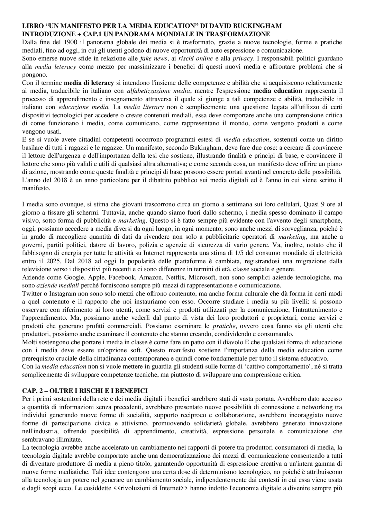 "UN MANIFESTO PER LA MEDIA EDUCATION" di David Buckingham | Dispense di ...