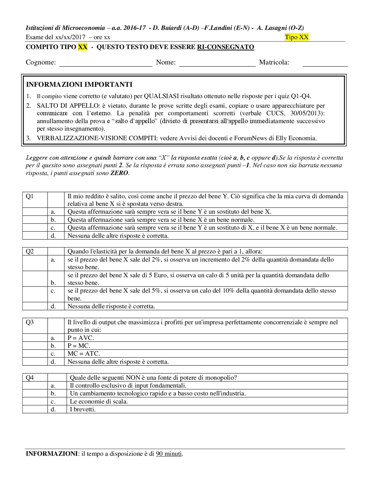 Simulazione Esame Microeconomia Prove Desame Di Microeconomia Docsity