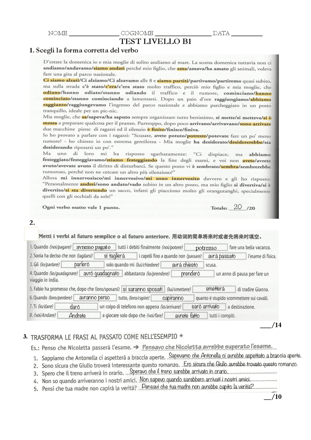 Test b1 idioma italiano | Apuntes de Idioma Italiano | Docsity