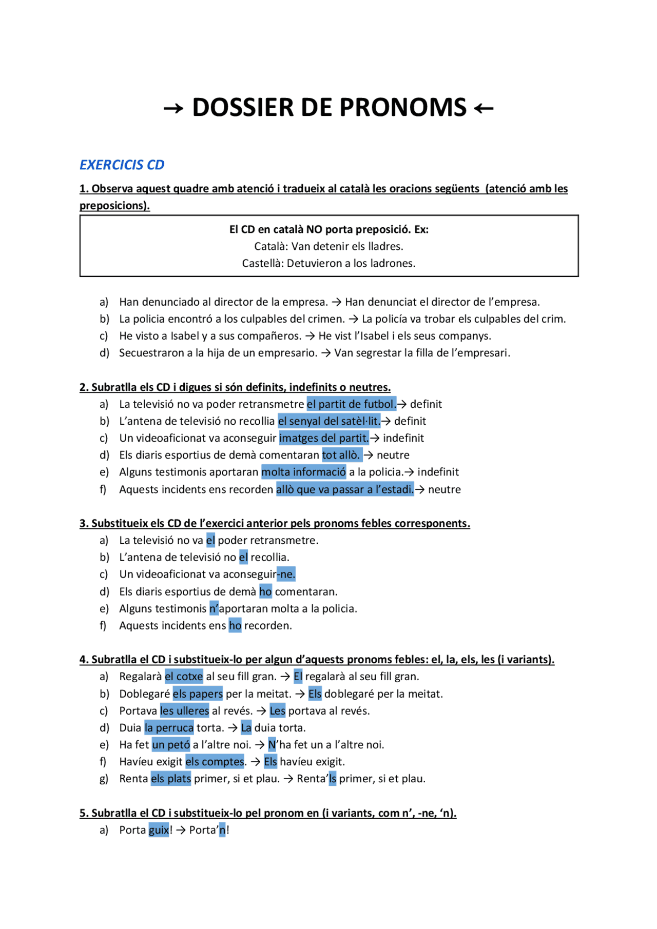 Exercicis De Pronoms Ejercicios De Catalán Docsity