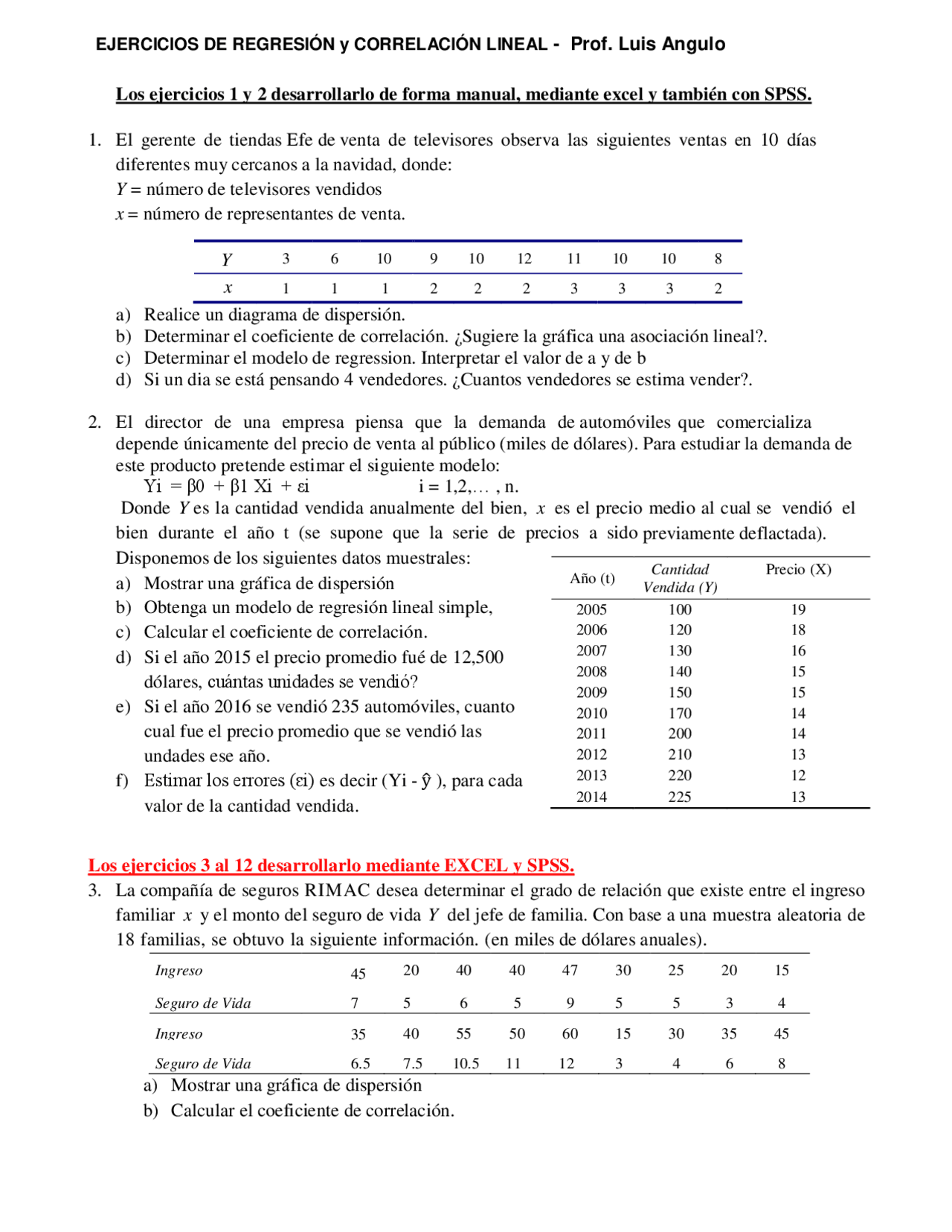 Ejercicios de correlacion y regresion lineal | Ejercicios de Estadística | Docsity