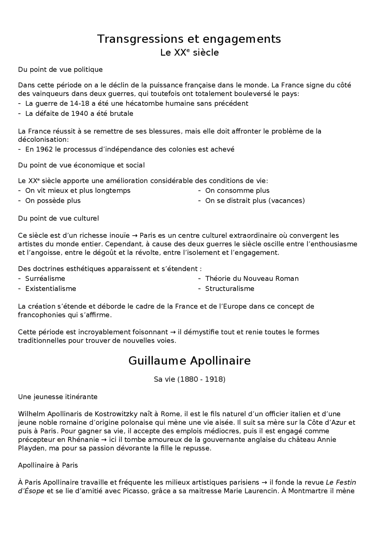 Guillaume Apollinaire Et Xxe Siècle Appunti Di Francese Docsity