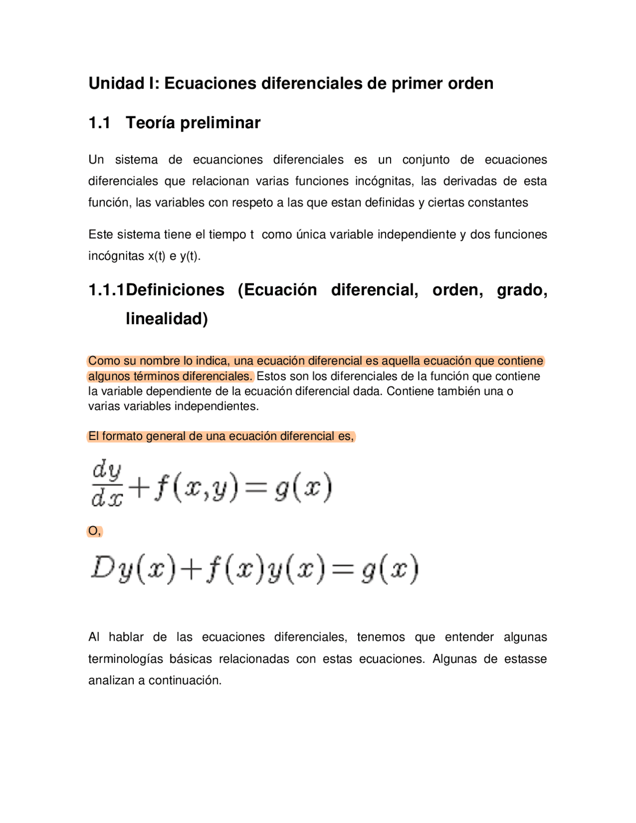 Ecuaciones Diferenciales de Primer Orden: Teoría Preliminar y Tipos ...