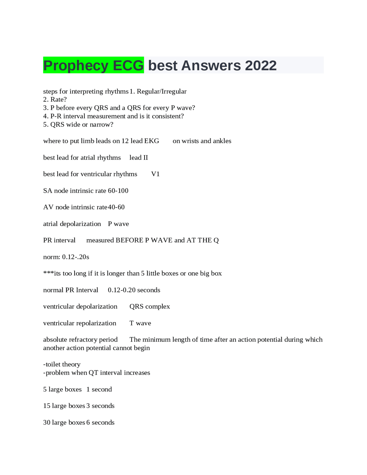 Prophecy Ecg Best Answers 2022 Exams Nursing Docsity