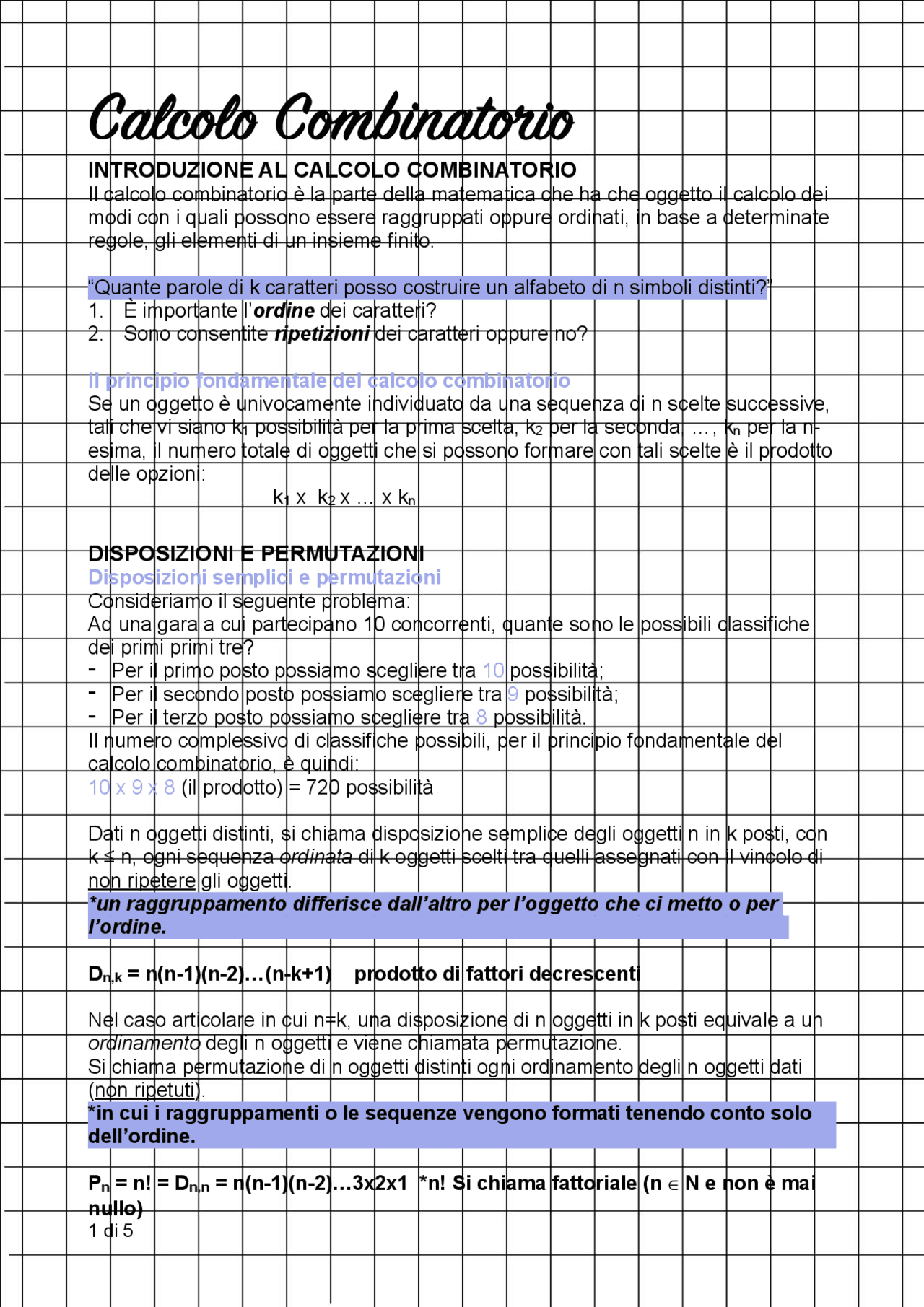 Il Calcolo Combinatorio Appunti Di Matematica Docsity