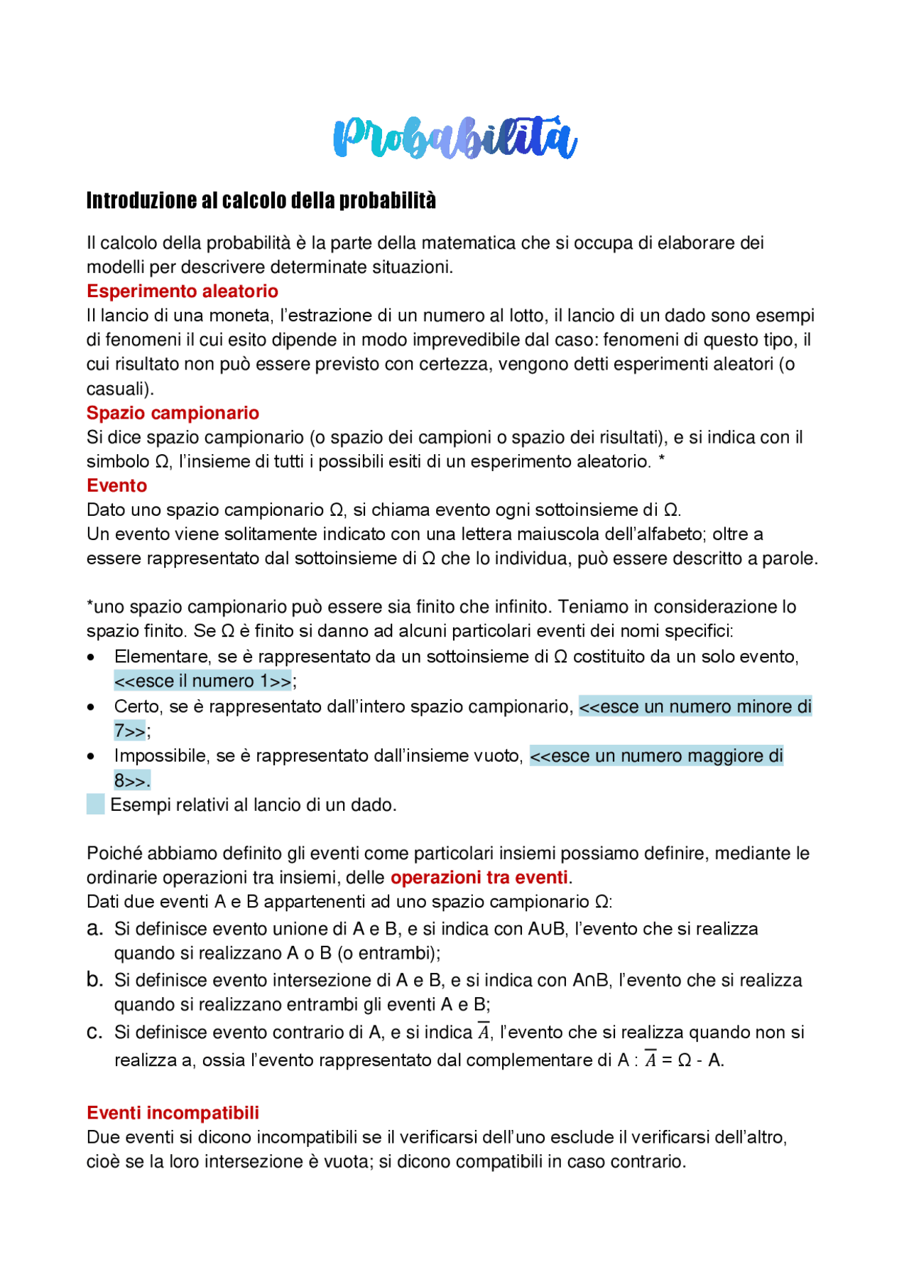 La probabilità: introduzione al calcolo | Appunti di Matematica | Docsity