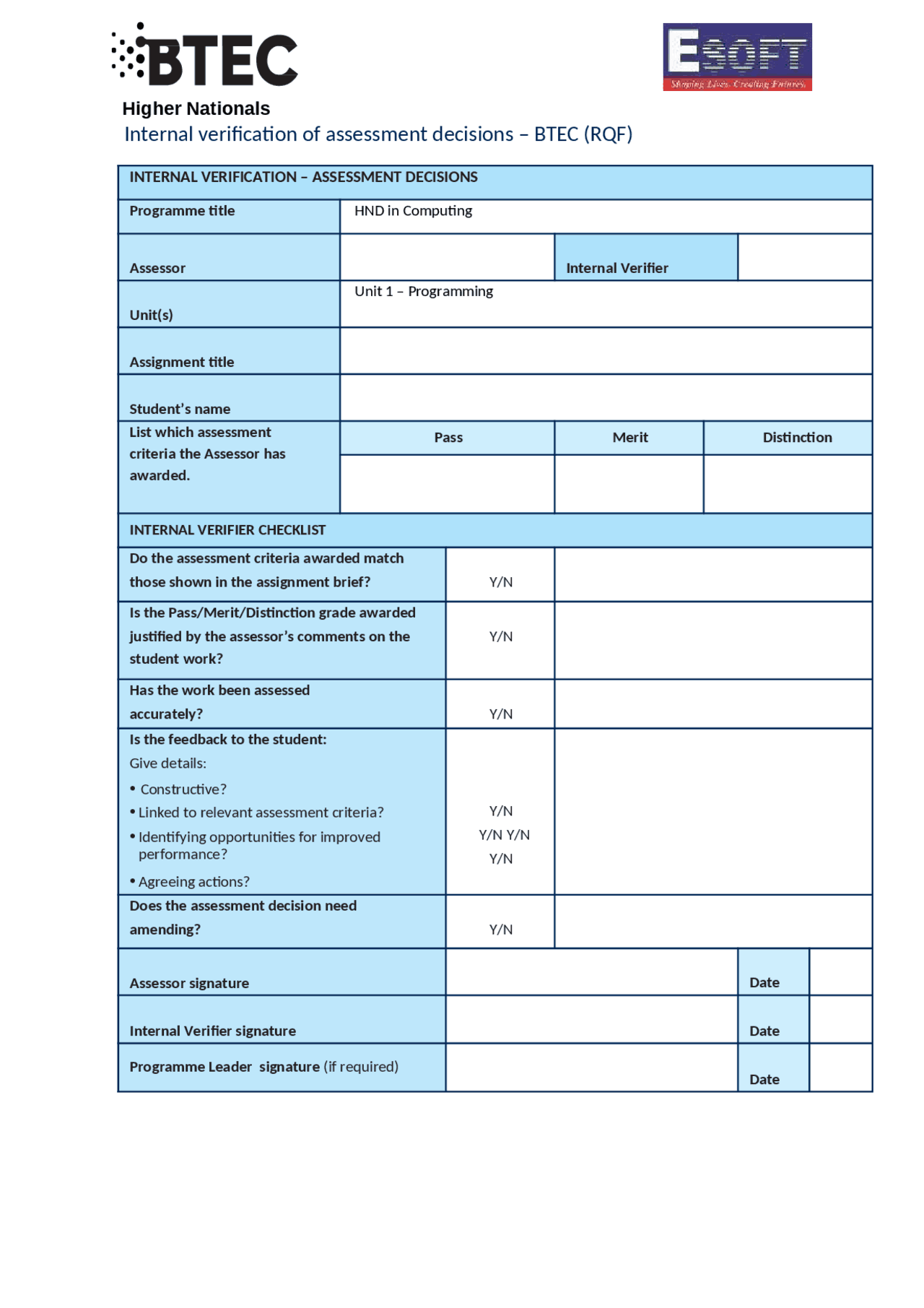 HND in Computing: Internal Verification of Assessment Decisions and Assignment Feedback | Study ...