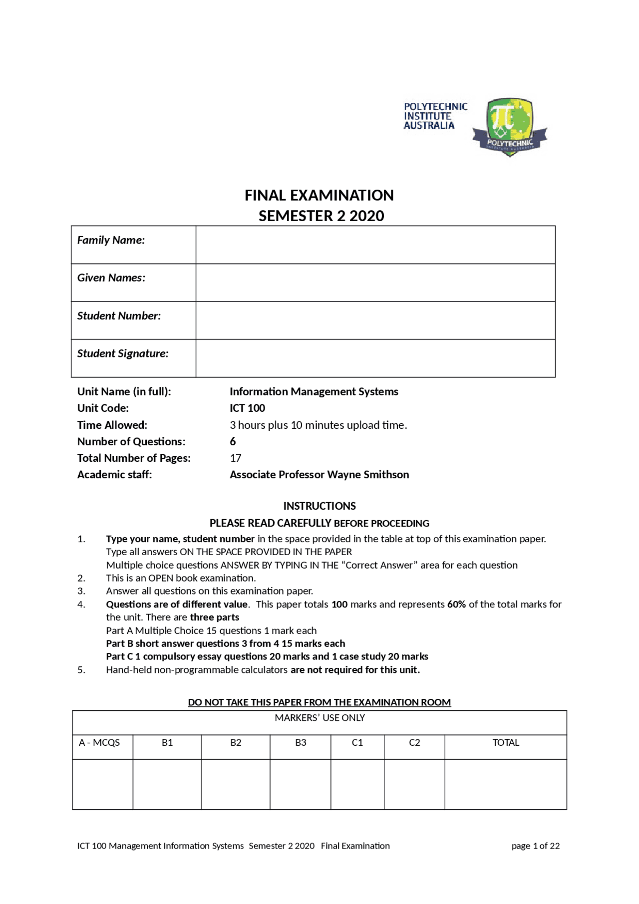 2020 S2 Final exam ICT 100 q only final.docx | Prüfungen Business ...