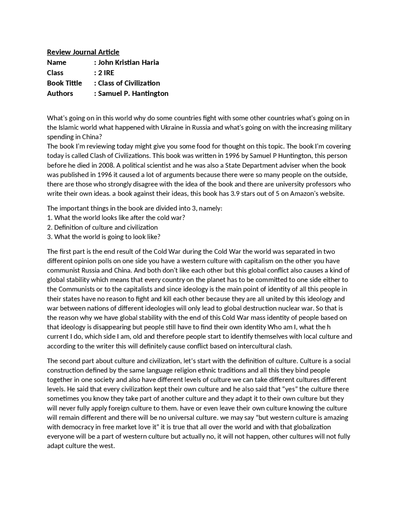 Clash of Civilizations: A Review of Samuel P. Huntington's Book ...