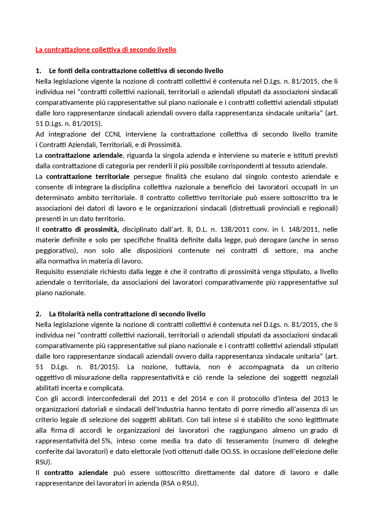 La contrattazione di secondo livello | Dispense di Diritto del Lavoro ...