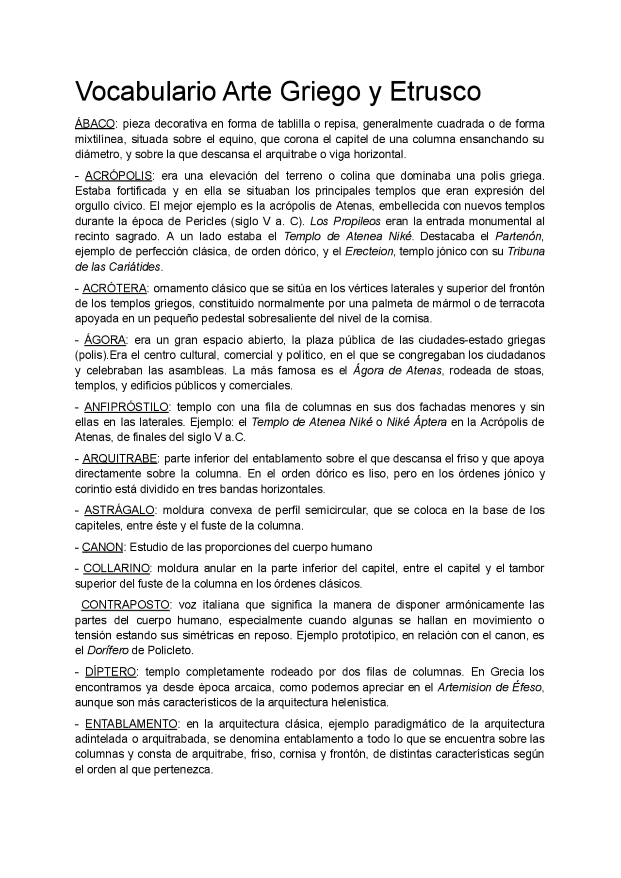 Vocabulario de Arte Griego y Etrusco: Términos Clave y Definiciones ...