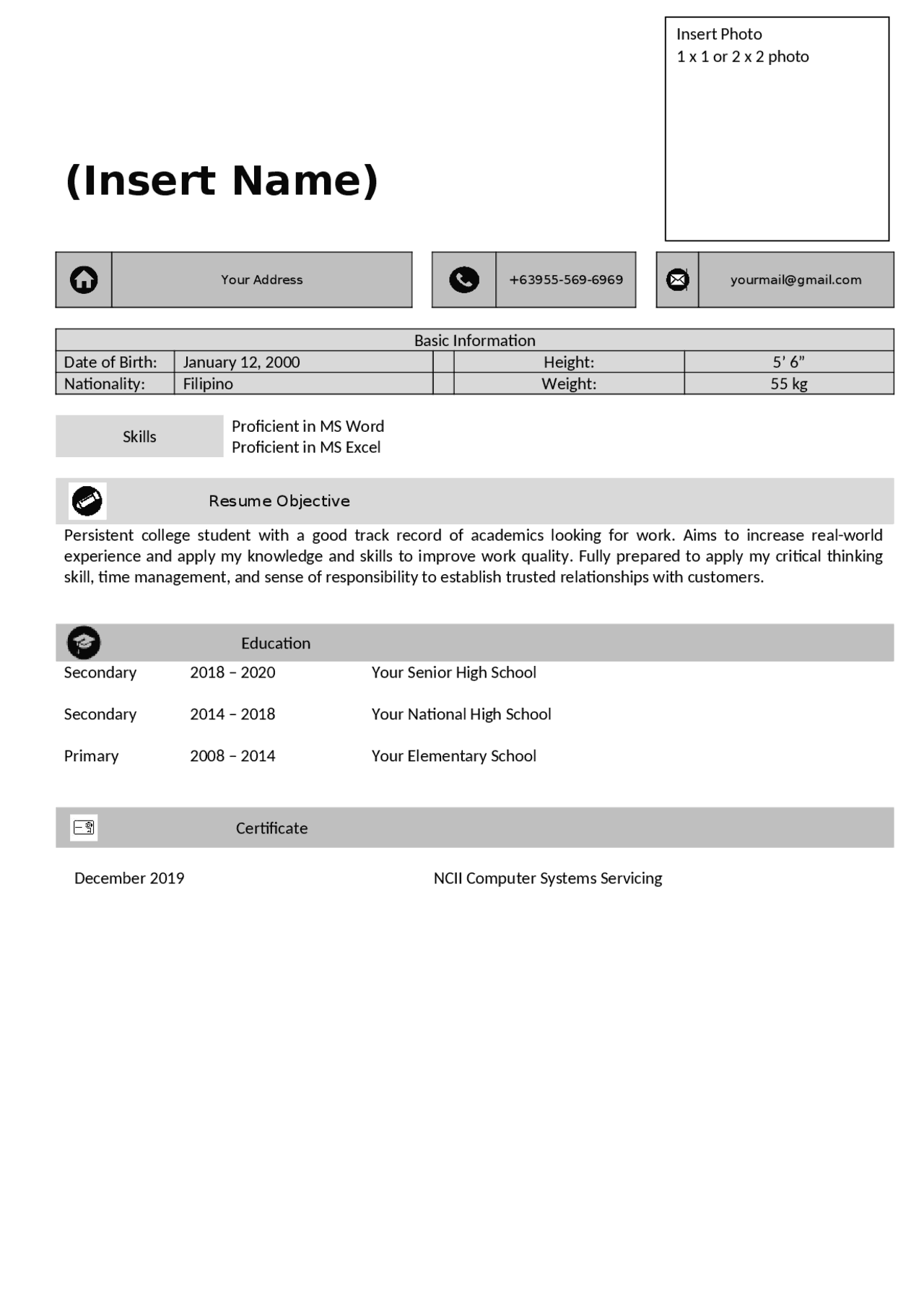 Simple resume for senior high school students. | Assignments Sociology ...