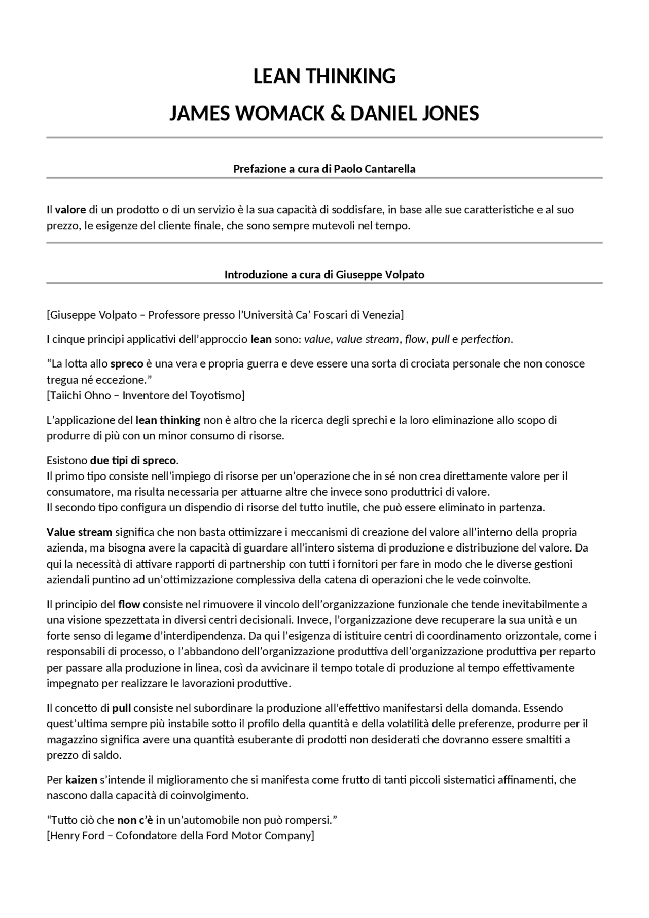 Lean Thinking - James Womack & Daniel Jones [Spunti] | Appunti di Gestione della Qualità | Docsity