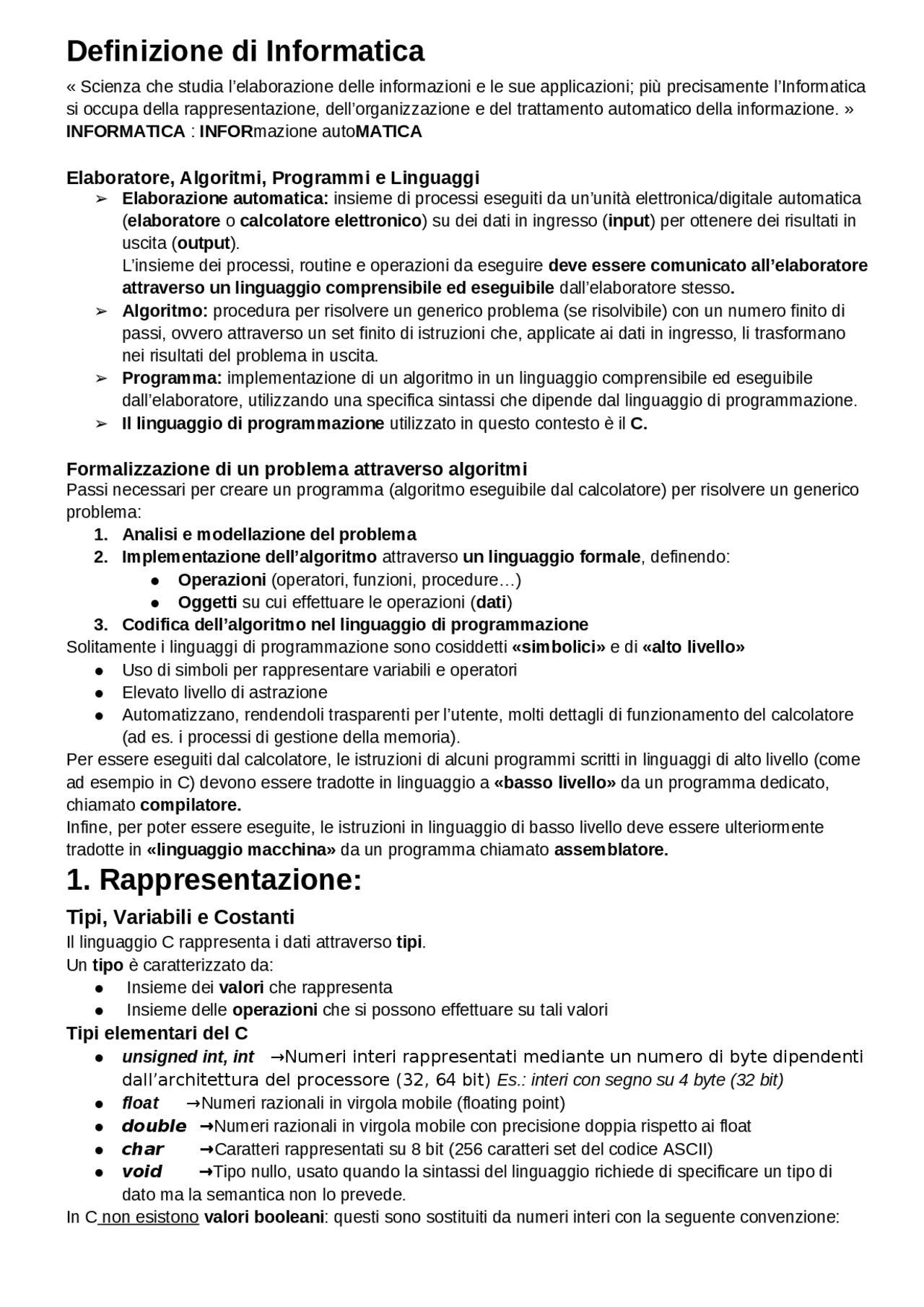 Dispense Di Informatica Linguaggio C Parte 1 Sintesi Del Corso Di