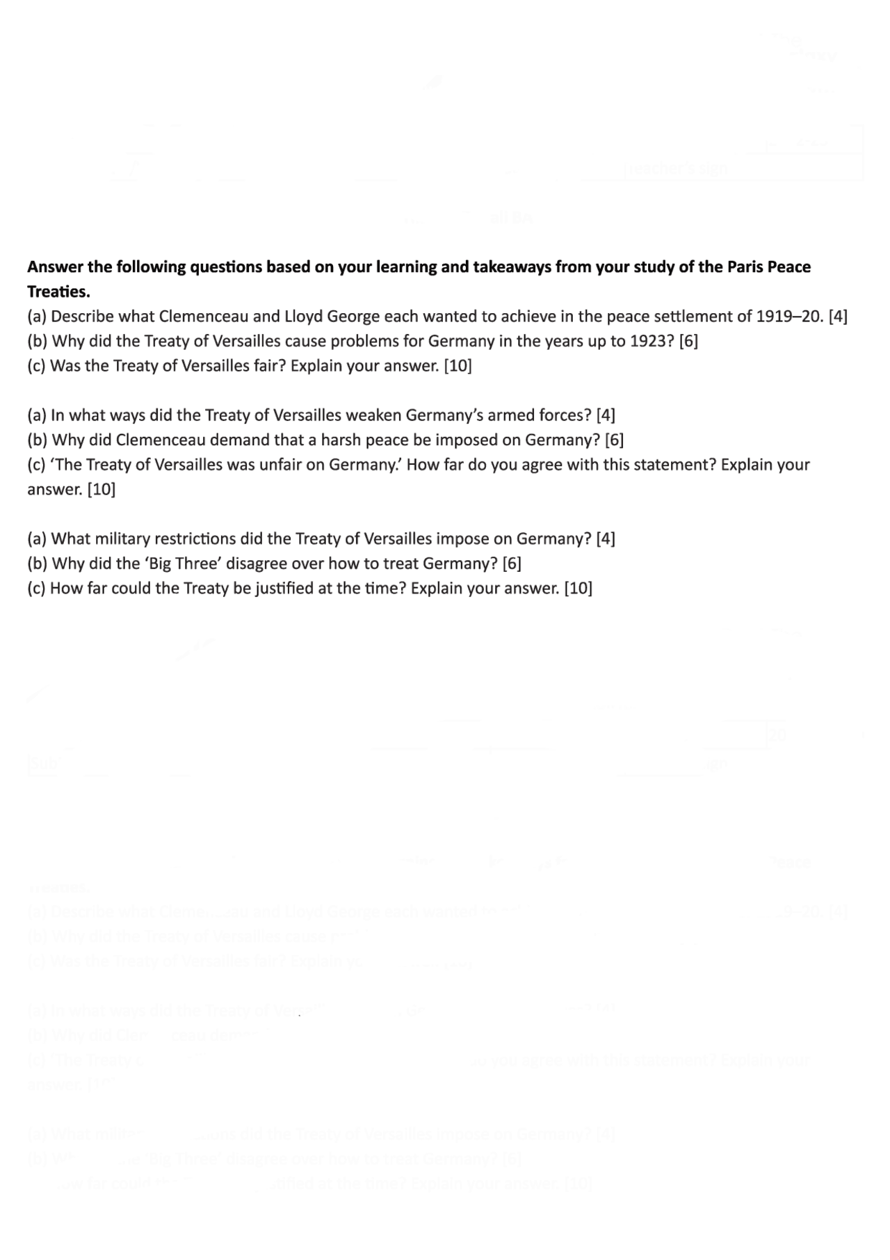 History Igcse Core Ww1 Revison Questions Exercises History Docsity