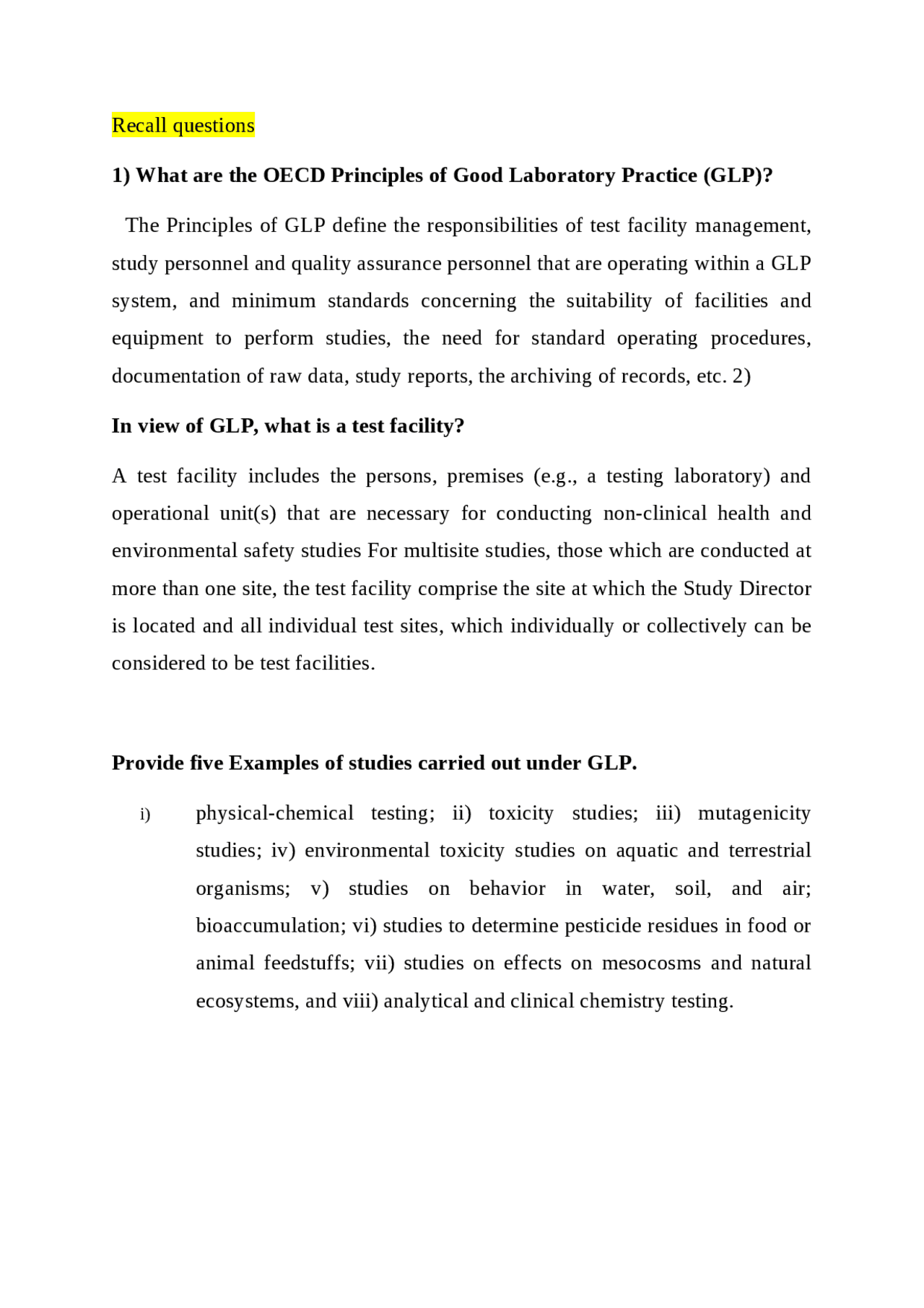 Exam good laboratory practice | Exams Pharmacology | Docsity