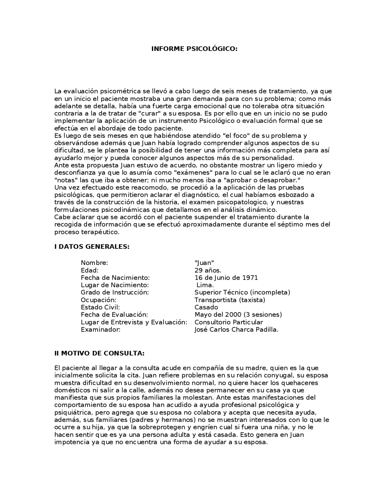 Informe Psicologico Caso Clinico Ejercicios De Psicodiagnóstico Docsity