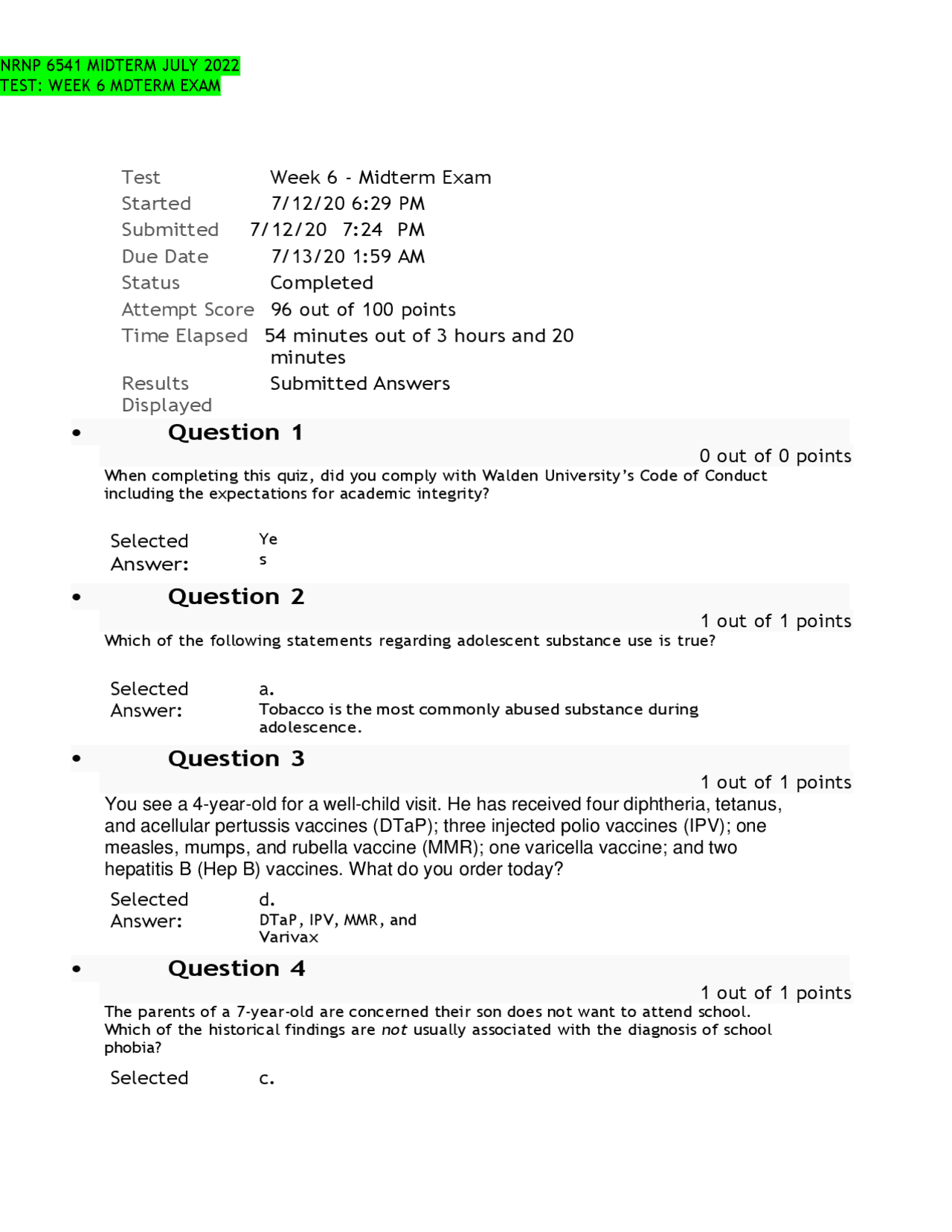 NRNP 6541 MIDTERM JULY 2022 TEST: WEEK 6 MDTERM EXAM | Exams Nursing ...
