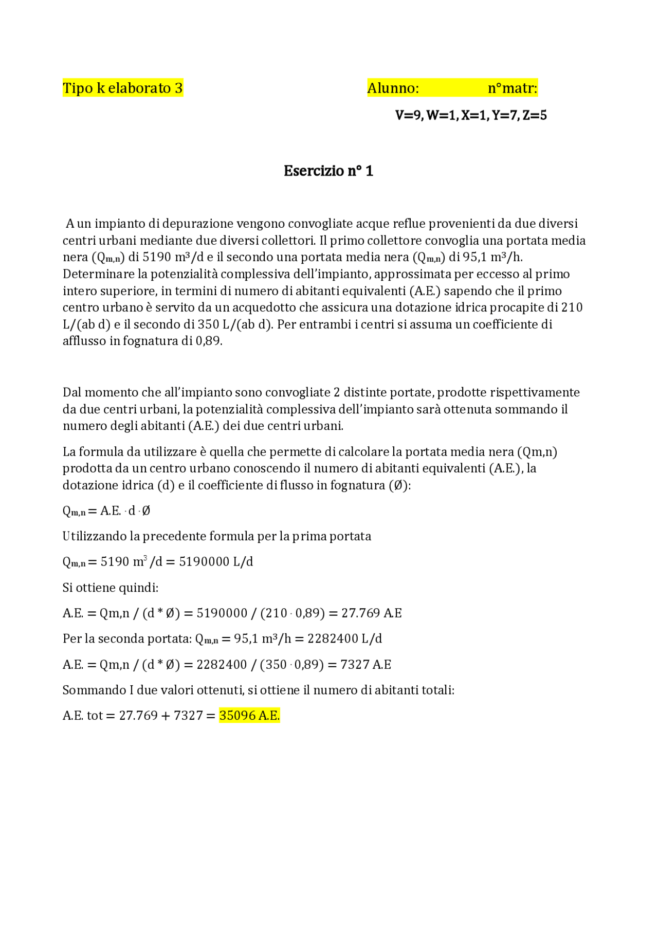 Elaborato 3 Tipo K Ingegneria Ambientale Prove Desame Di Ingegneria