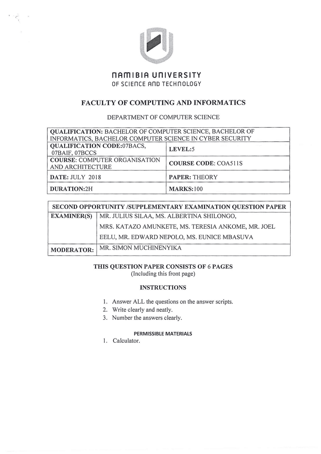 Computer Organisation And Architecture Past Examination Paper Exams Computer Architecture And