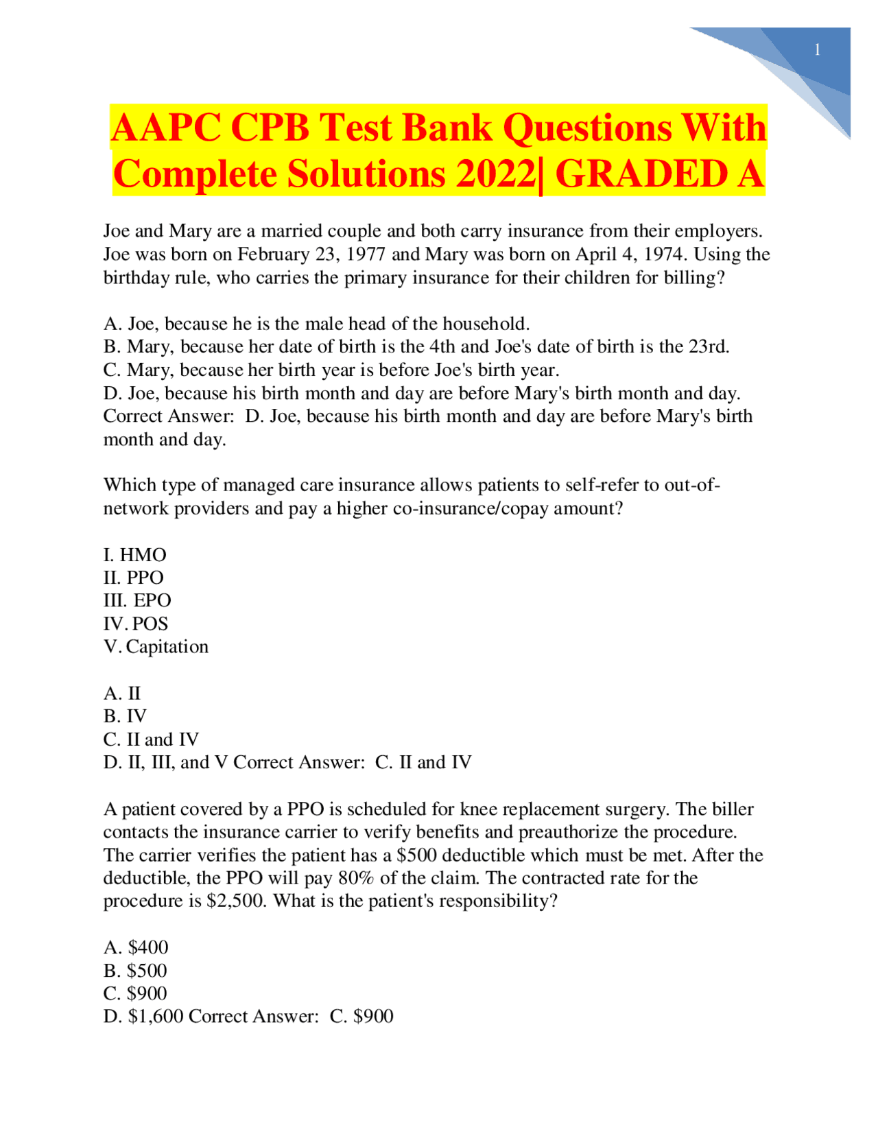 AAPC CPB Test Bank Questions WithComplete Solutions 2022| GRADED A ...