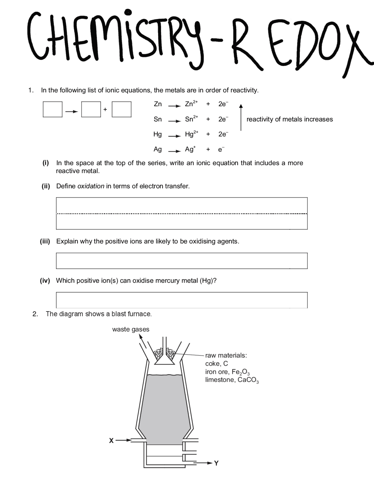 Igcse Chemistry Redox Reaction And Chemical Reaction Revision Questions Exercises Chemistry