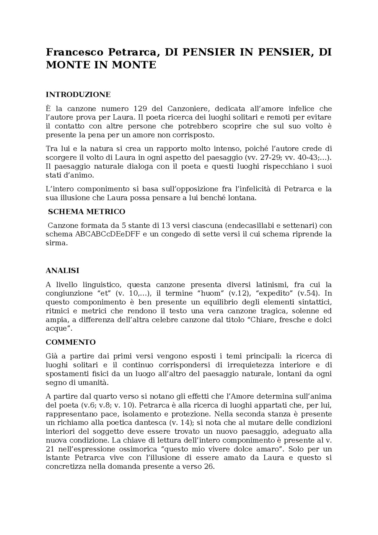 Analisi "di pensier in pensier" | Study notes Italian | Docsity